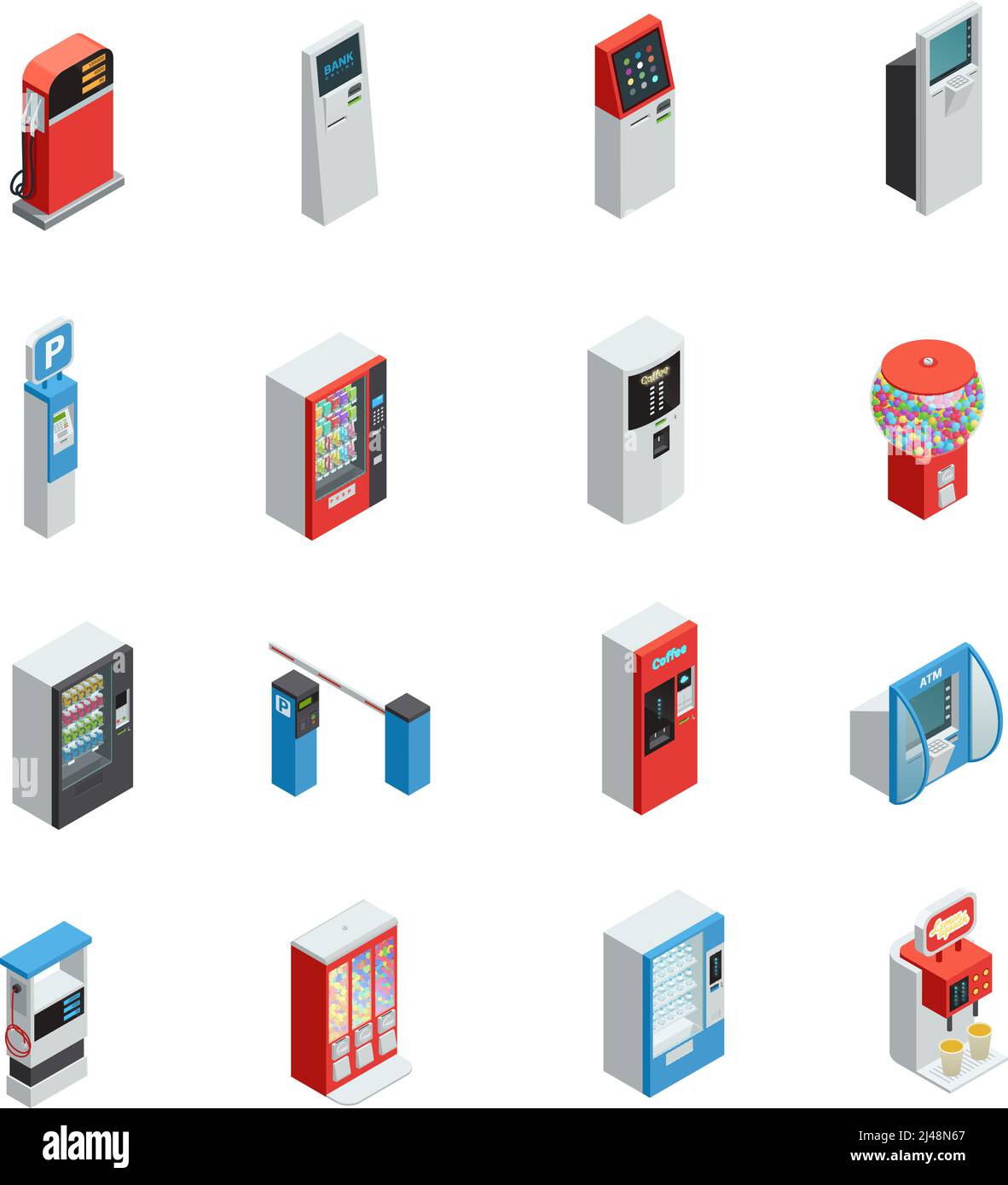 Vending machines isometric icons set with food and parking machines isolated vector illustration ...