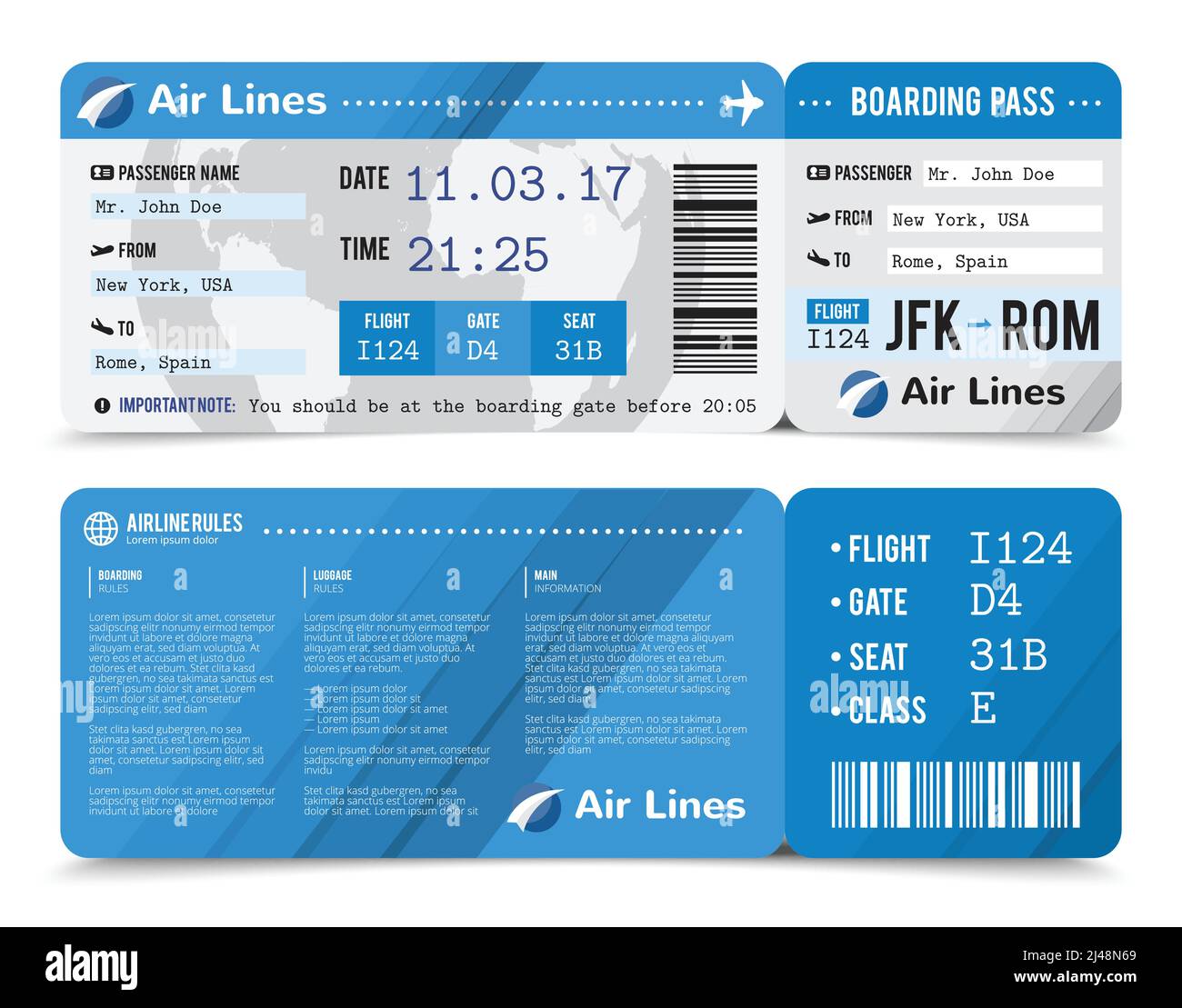 Colored realistic boarding pass composition with information about ...