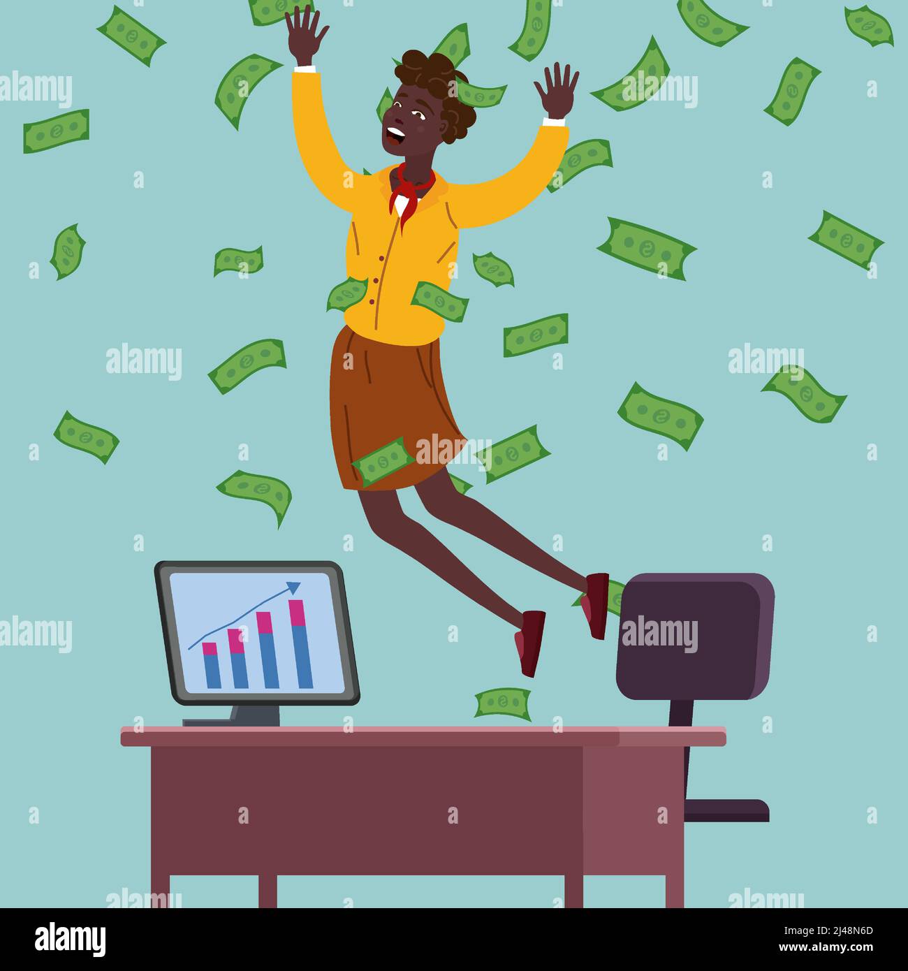 Happy african businesswoman jump in the air falling money coins rain in ...