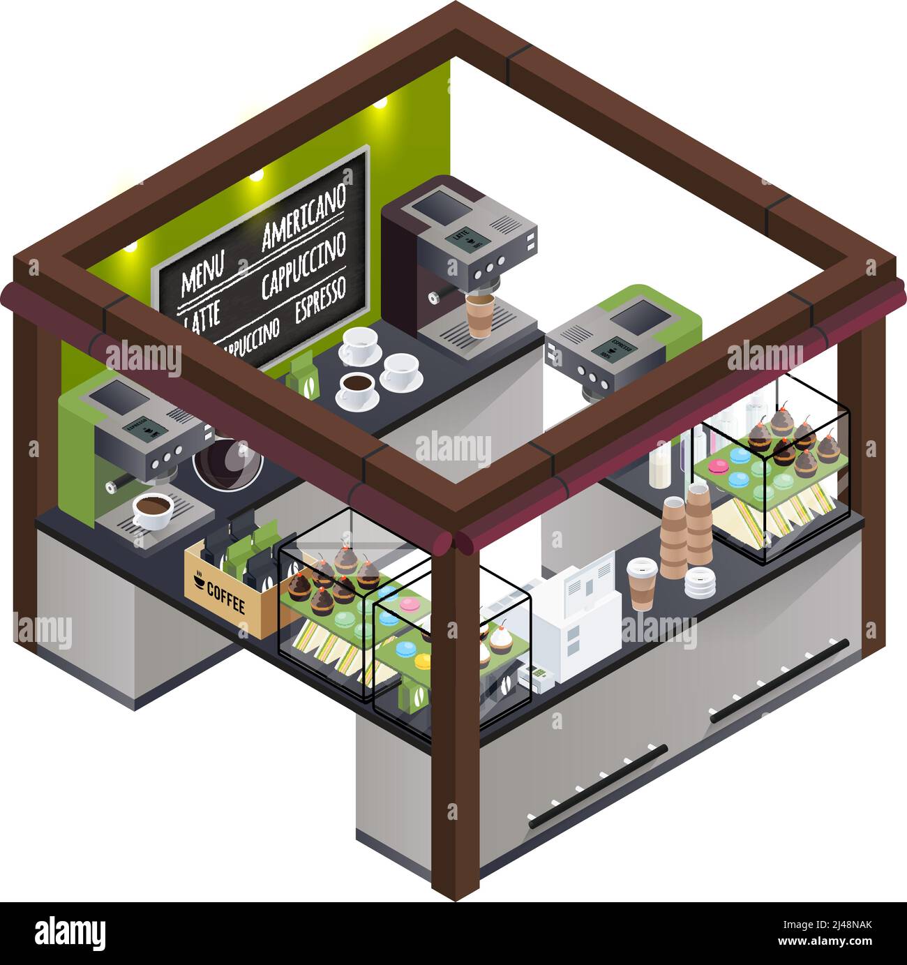 Coffee stall outdoor concession stand isometric composition with ...