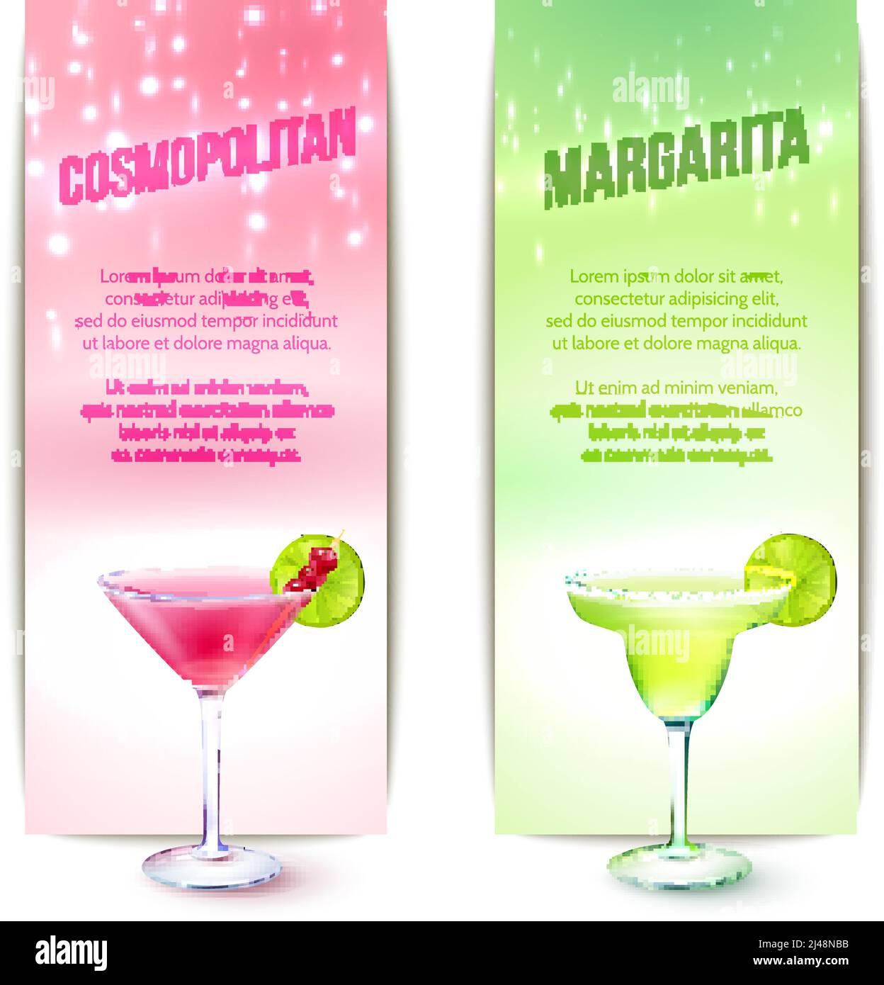 Cosmopolitan and margarita cocktails vertical banner set isolated ...