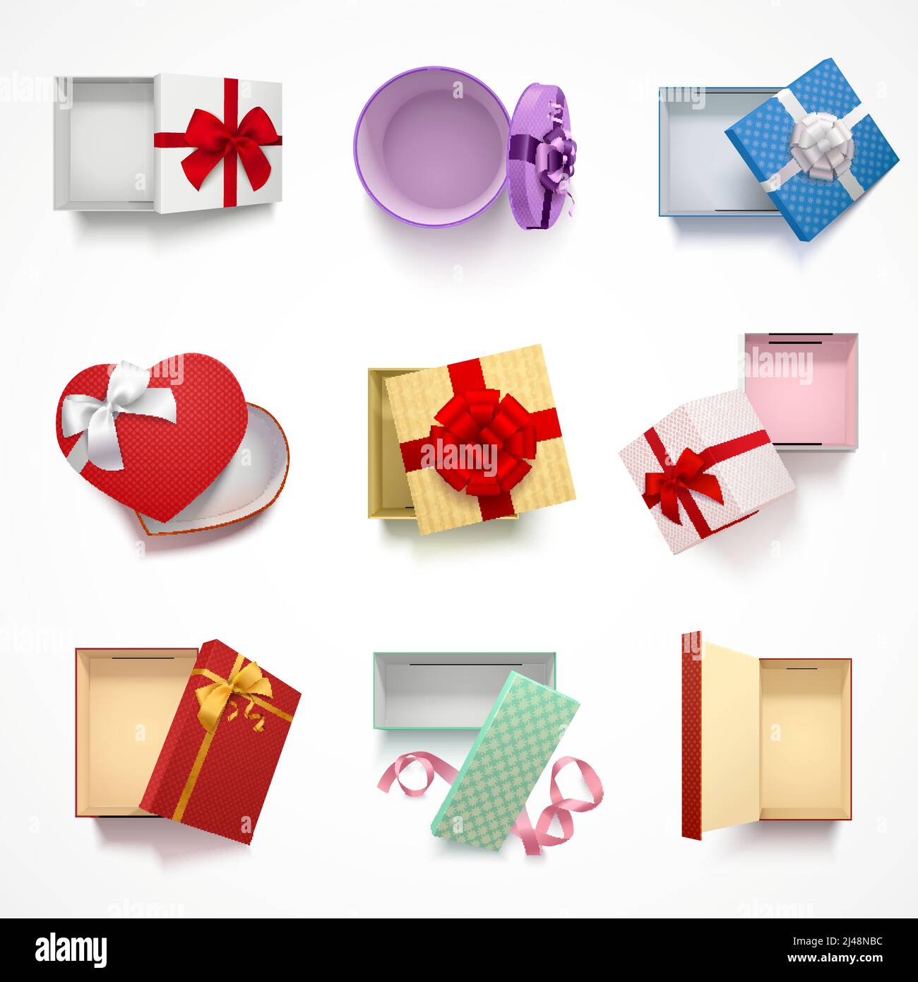 Collection of eight isolated top view realistic gift boxes with top ...