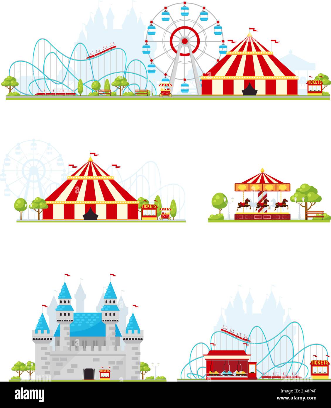 Colored and isolated amusement park banner or bookmark set on white ...