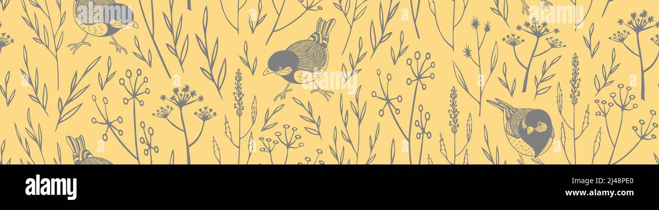 Seamless horizontal border with wild grass and birds. Hand drawn floral ...