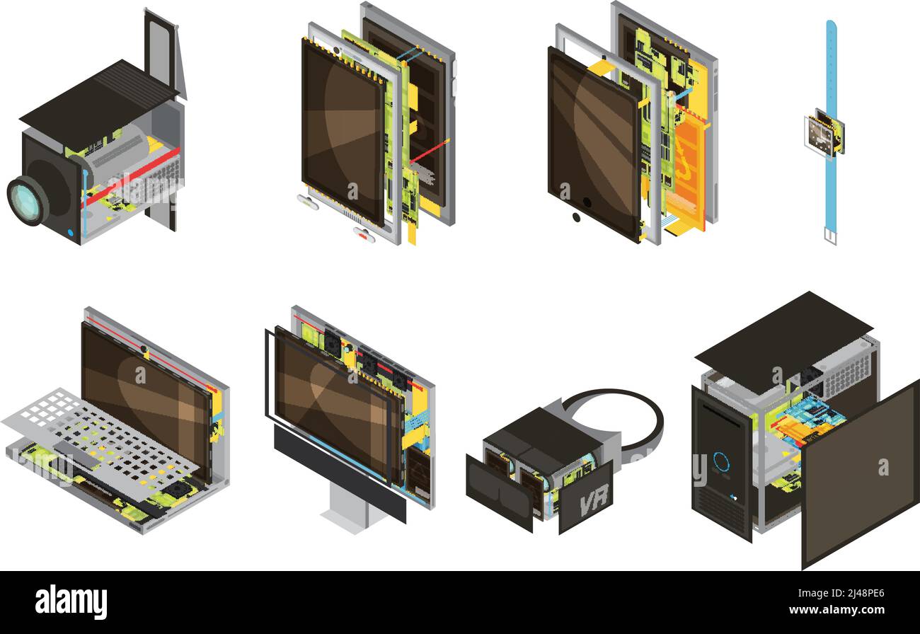 Colored gadgets scheme isometric icon set with computer reserve parts ...