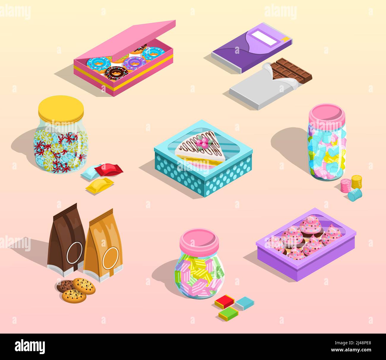 Confectionery packaging cartoon set with chocolate and cookies isolated ...