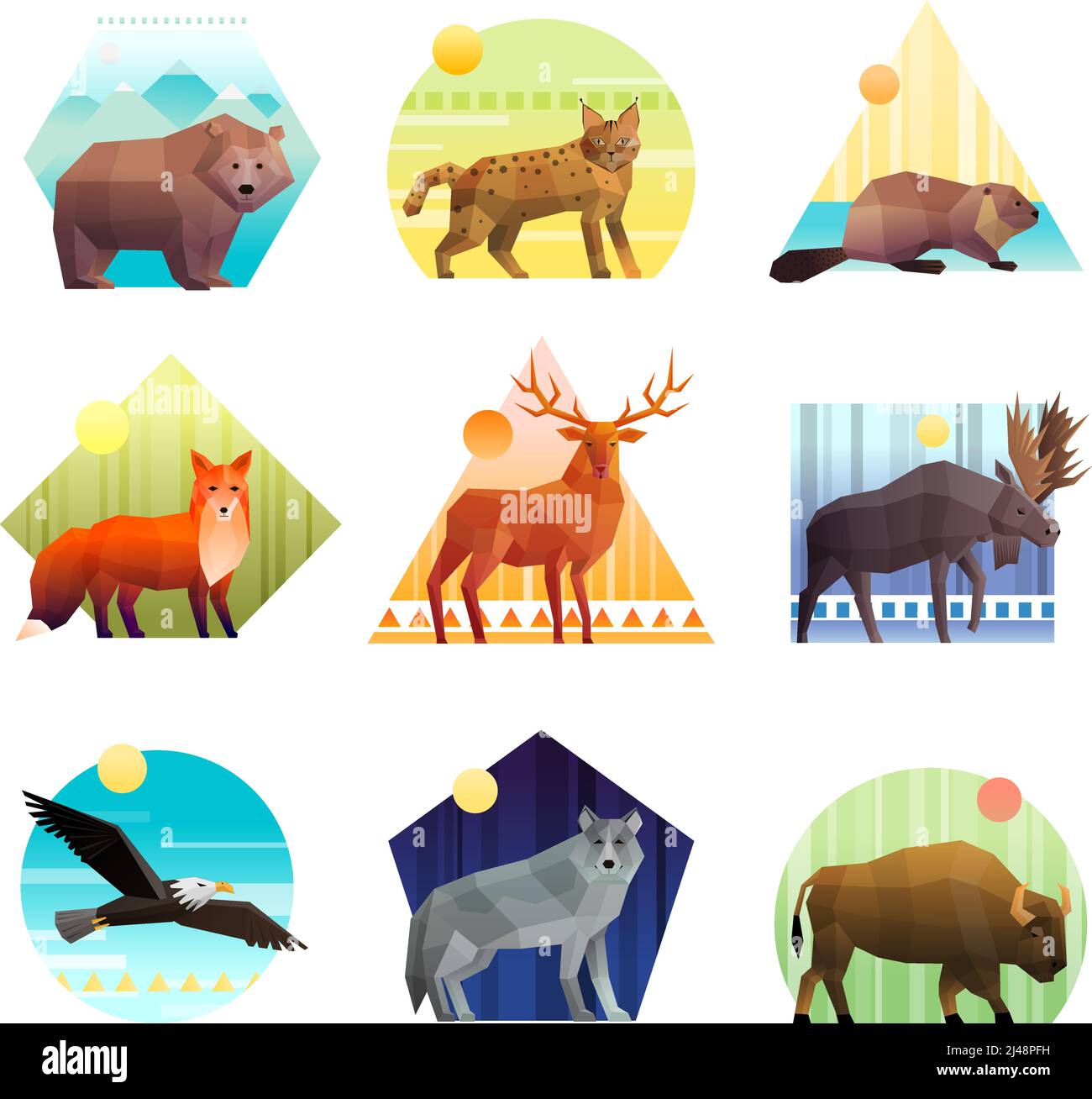 Colorful polygonal emblem of different shape set with wild animals and ...
