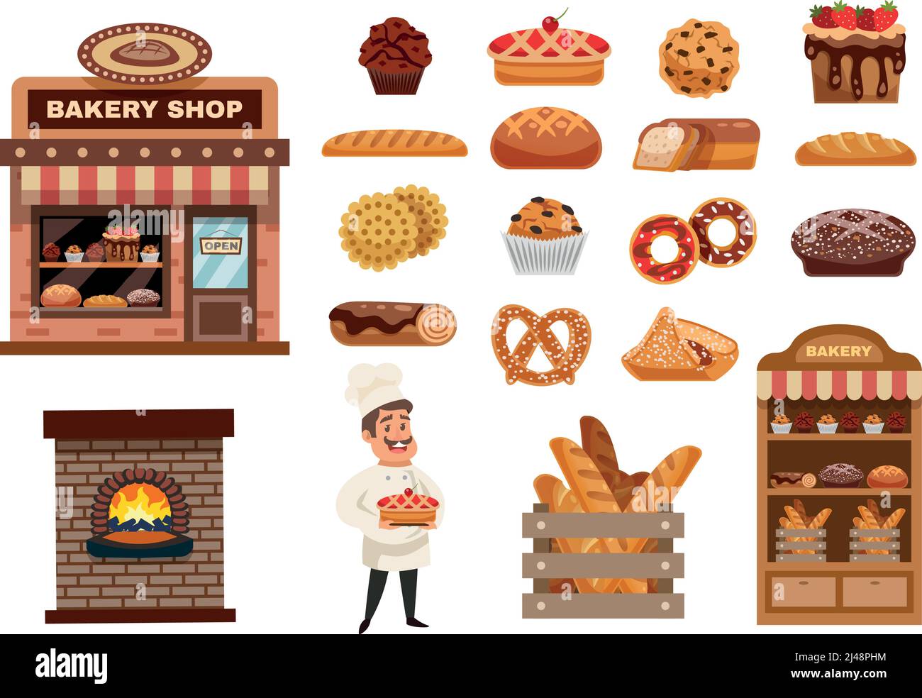 Bakery icons set with cook figurine bakery shop and baked goods ...