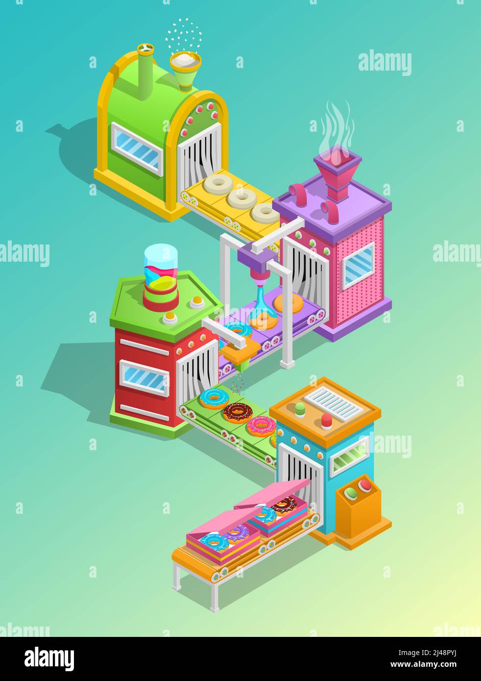 Confectionery factory cartoon concept with donuts and sweets production ...