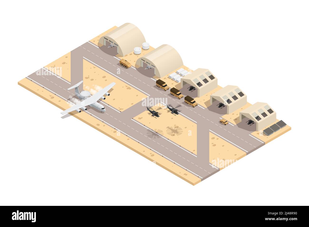 Colored military isometric composition in beige colors with runway ...
