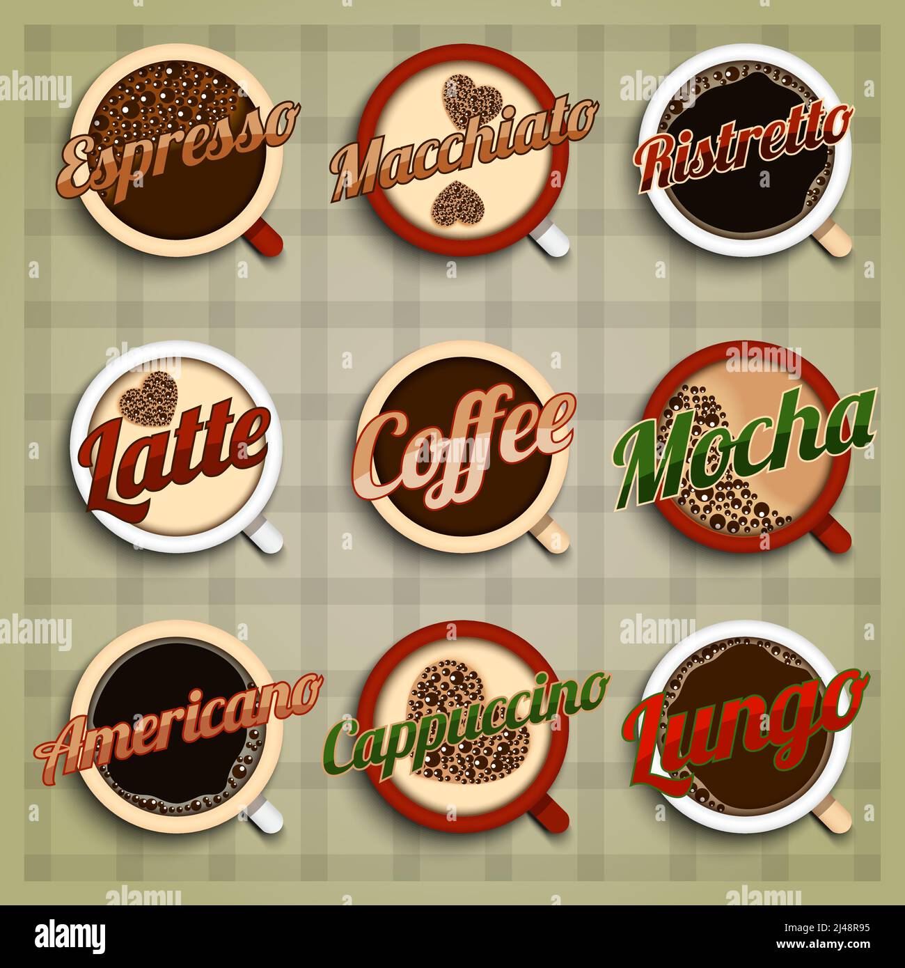 Coffee menu labels set with espresso macchiato ristretto latte mocha ...