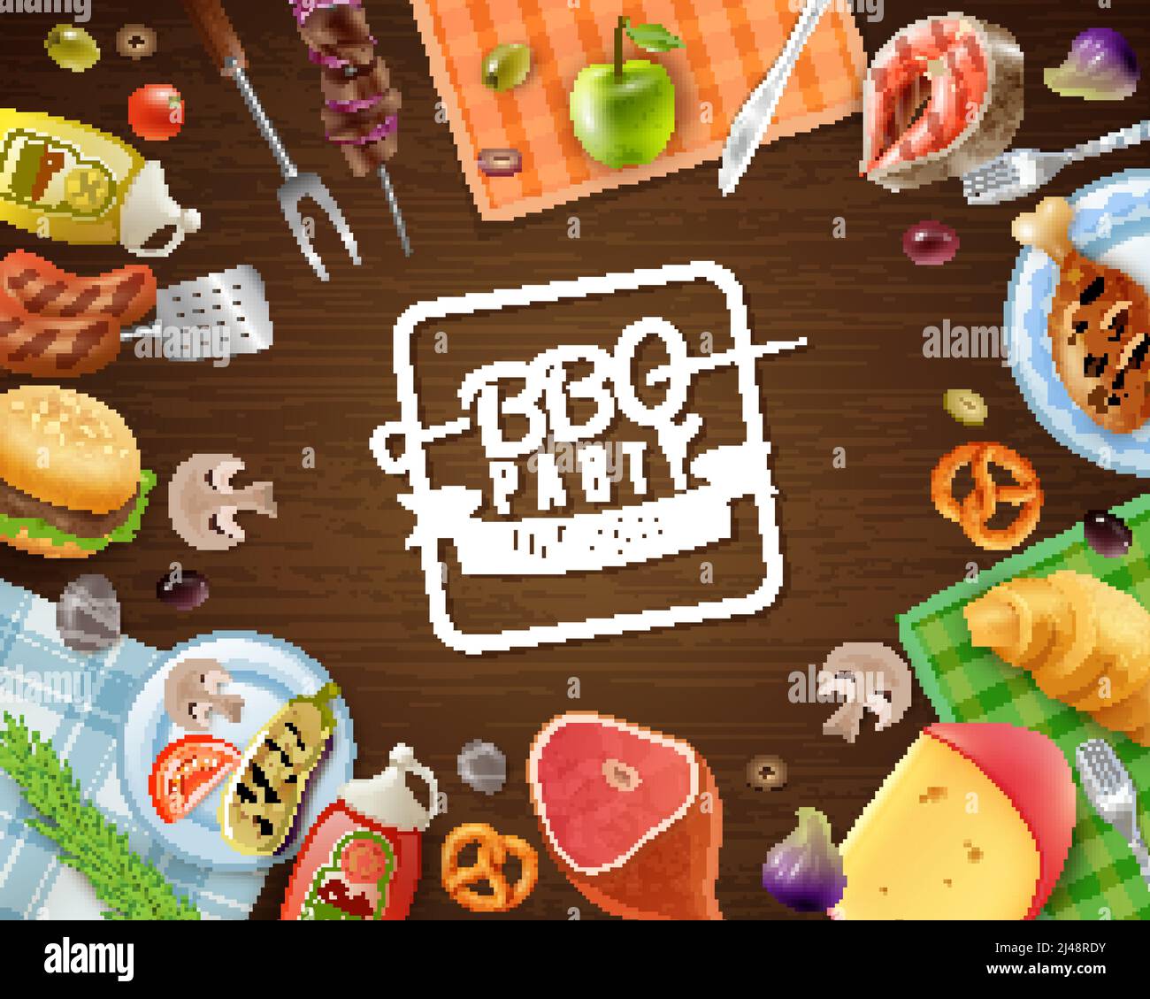 Bbq party frame with emblem meat vegetables fruits sauces pastry and ...