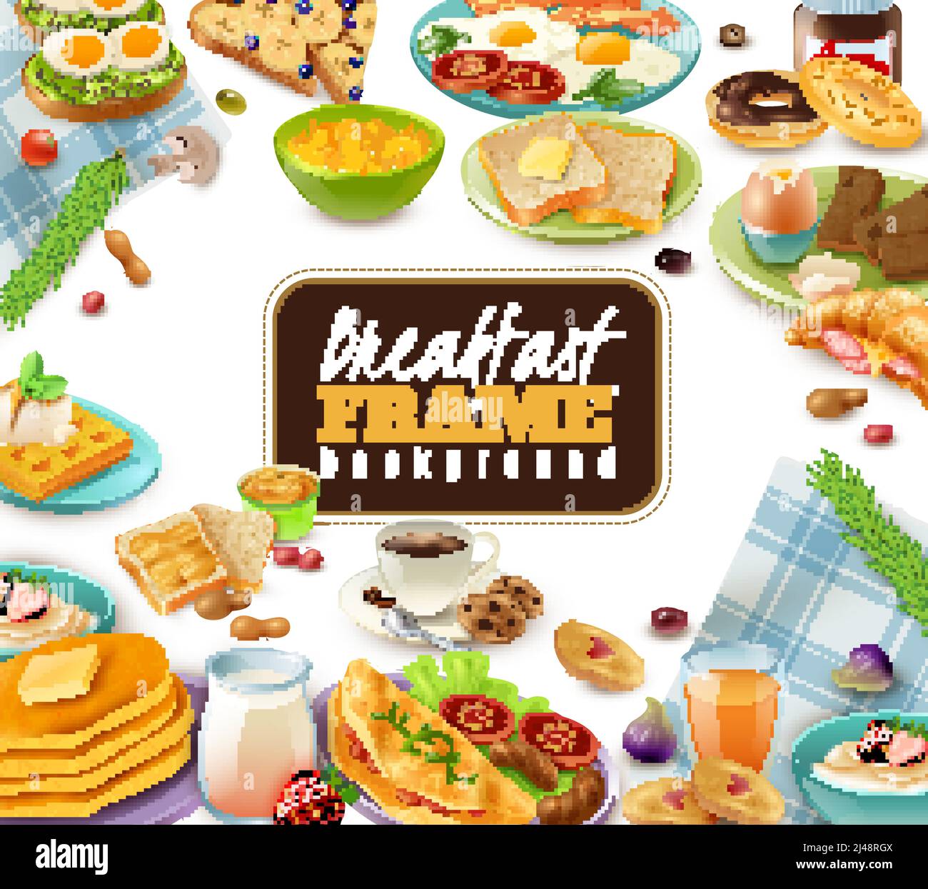 Breakfast frame with coffee juice sandwiches and sweet dishes tableware ...