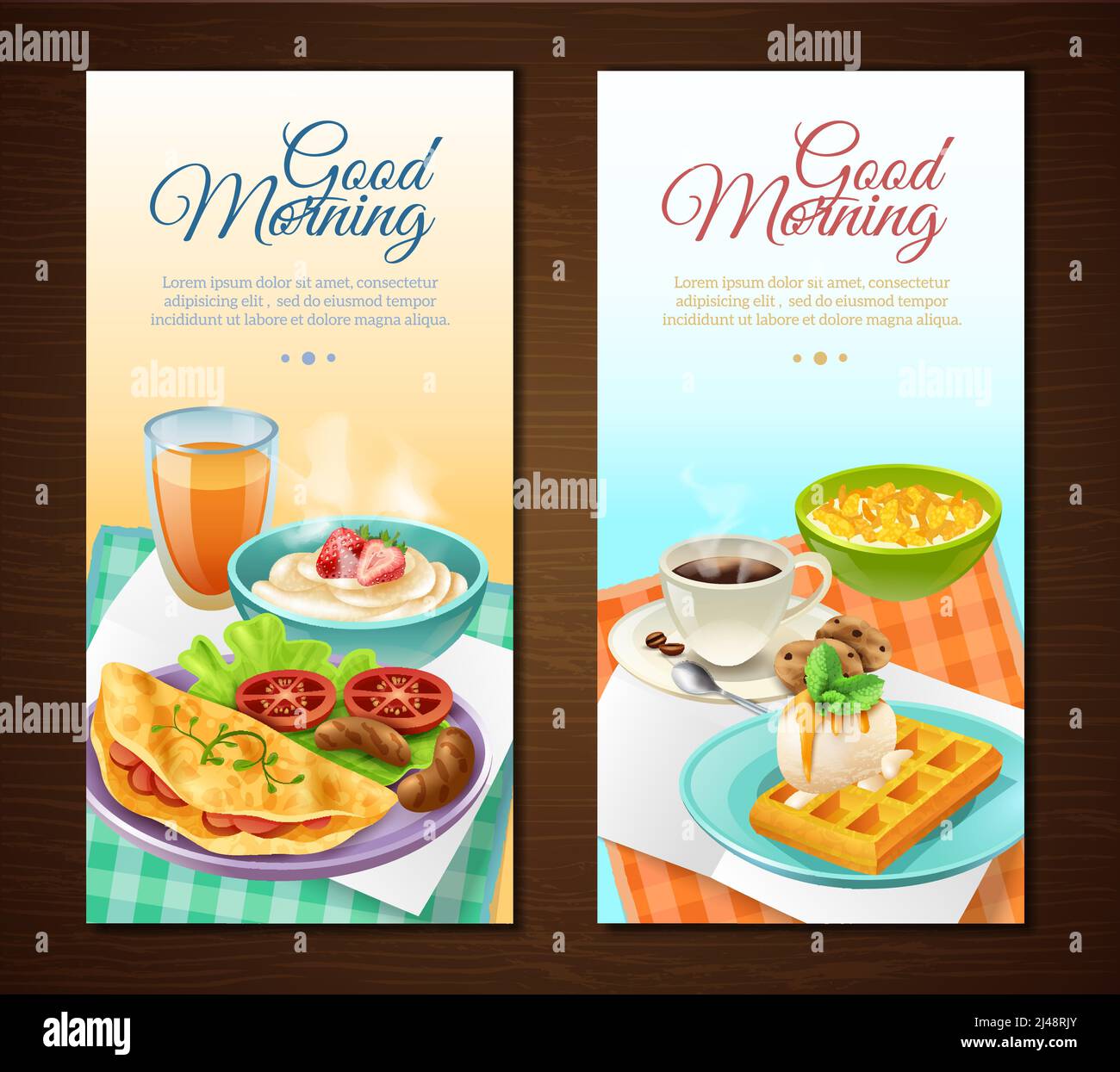 Breakfast vertical banners with coffee juice cereal sausages omelette ...