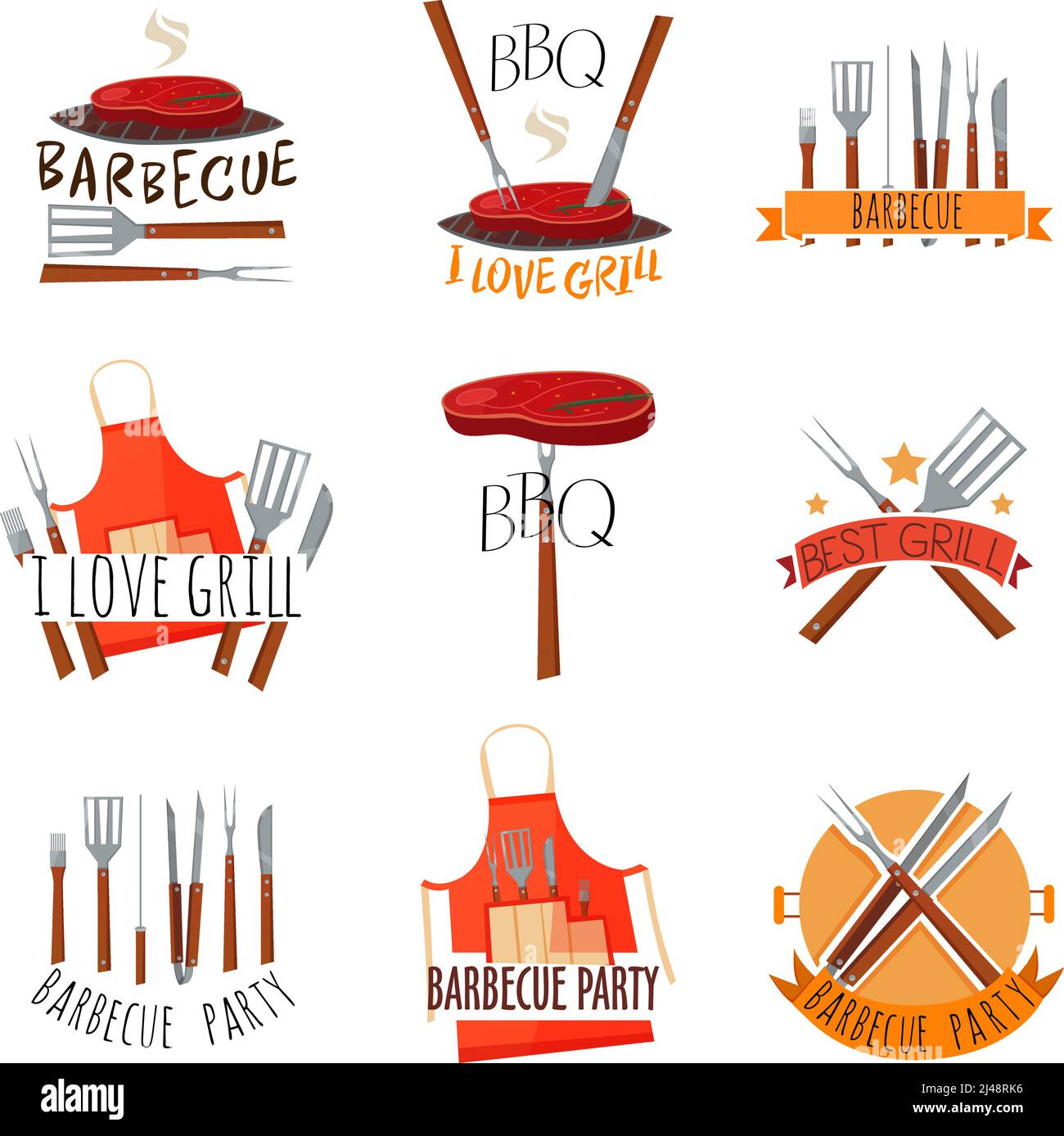 Colored isolated barbecue party label set with barbecue I love grill ...