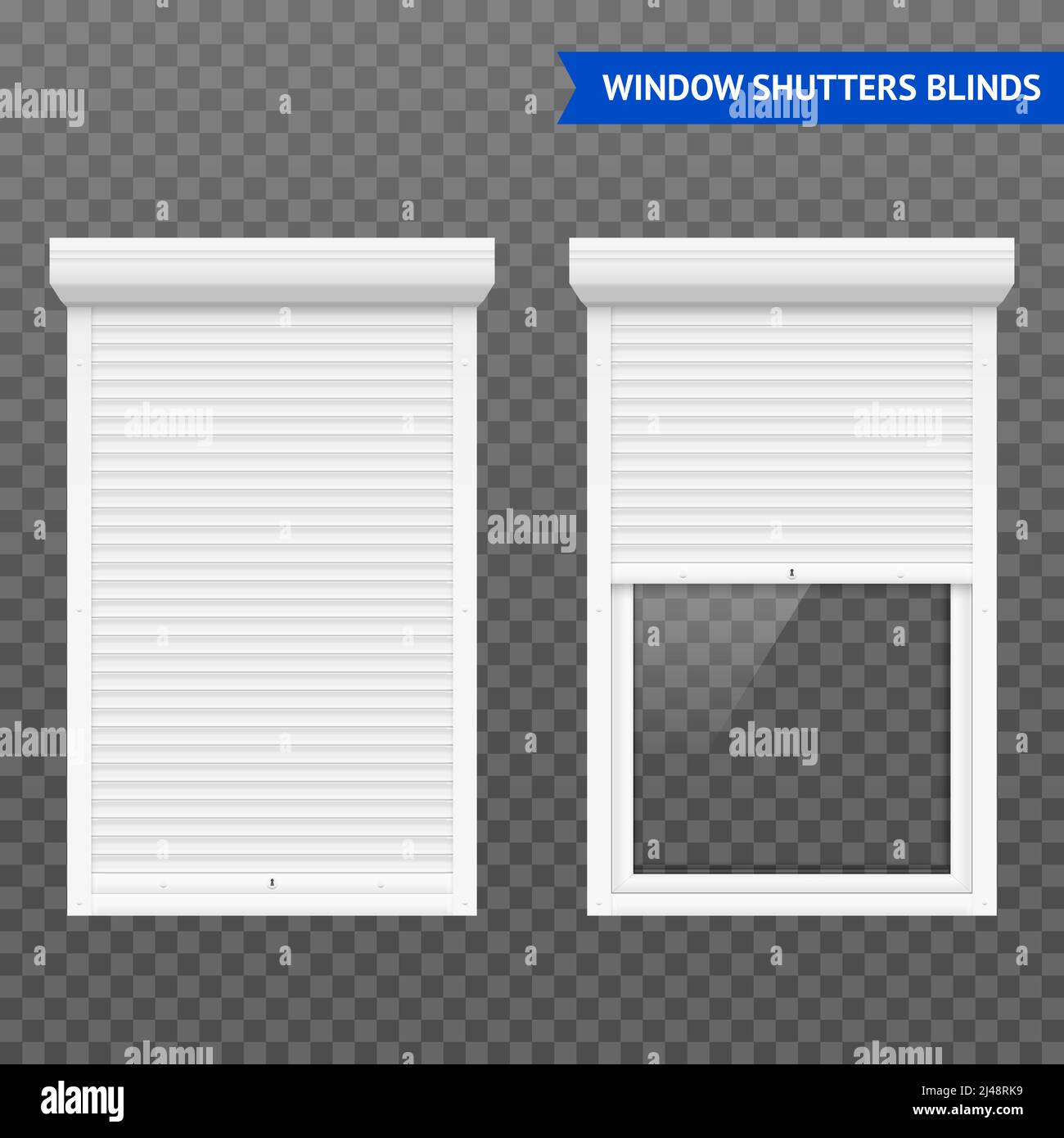 Window roller shutters set in closed and open form white on transparent ...