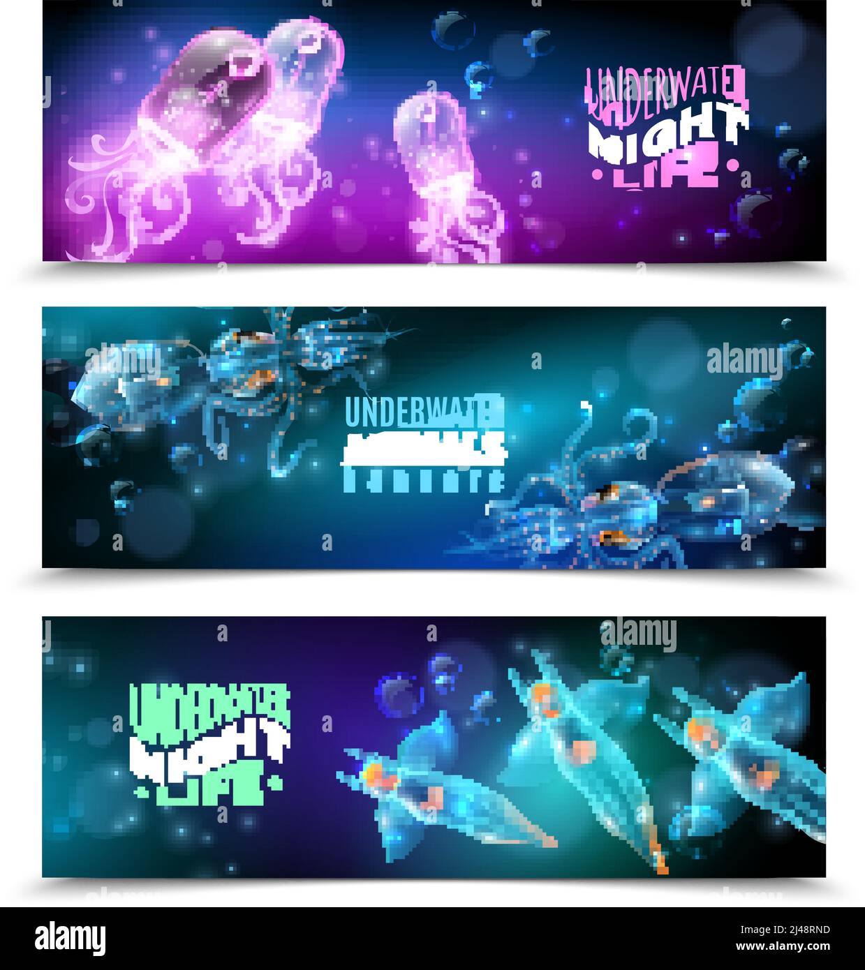Underwater world 3 horizontal colorful banners set with transparent ...