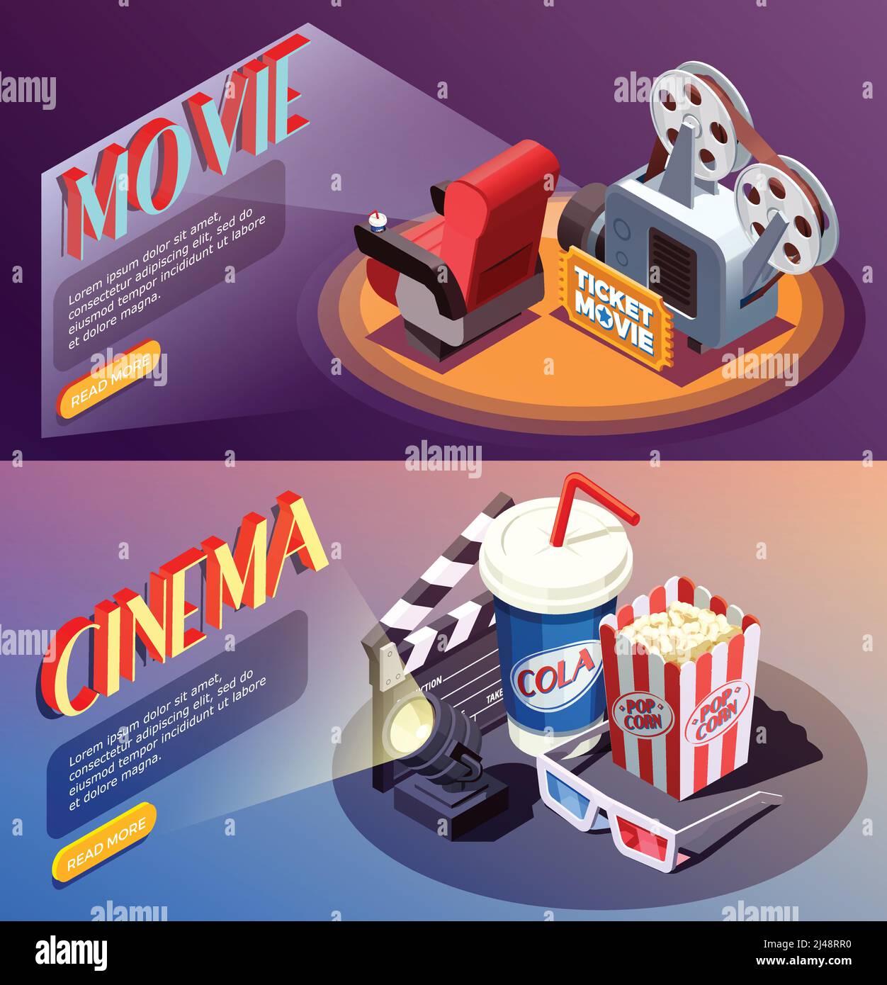 Set of two horizontal isometric cinema banners with compositions of ...