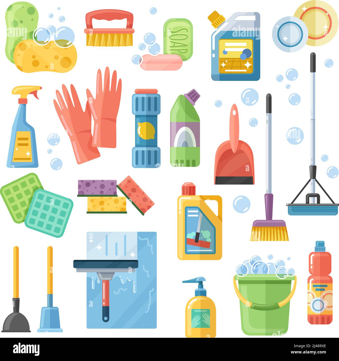 Selection of cleaning supplies tools accessories flat icons set with ...