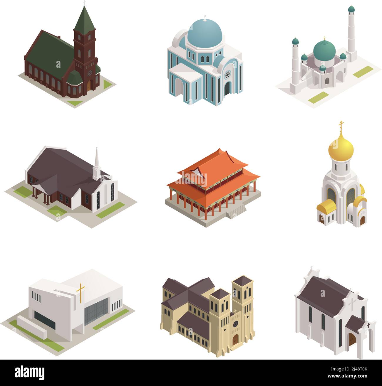 World religions buildings isometric icons set with orthodox church ...