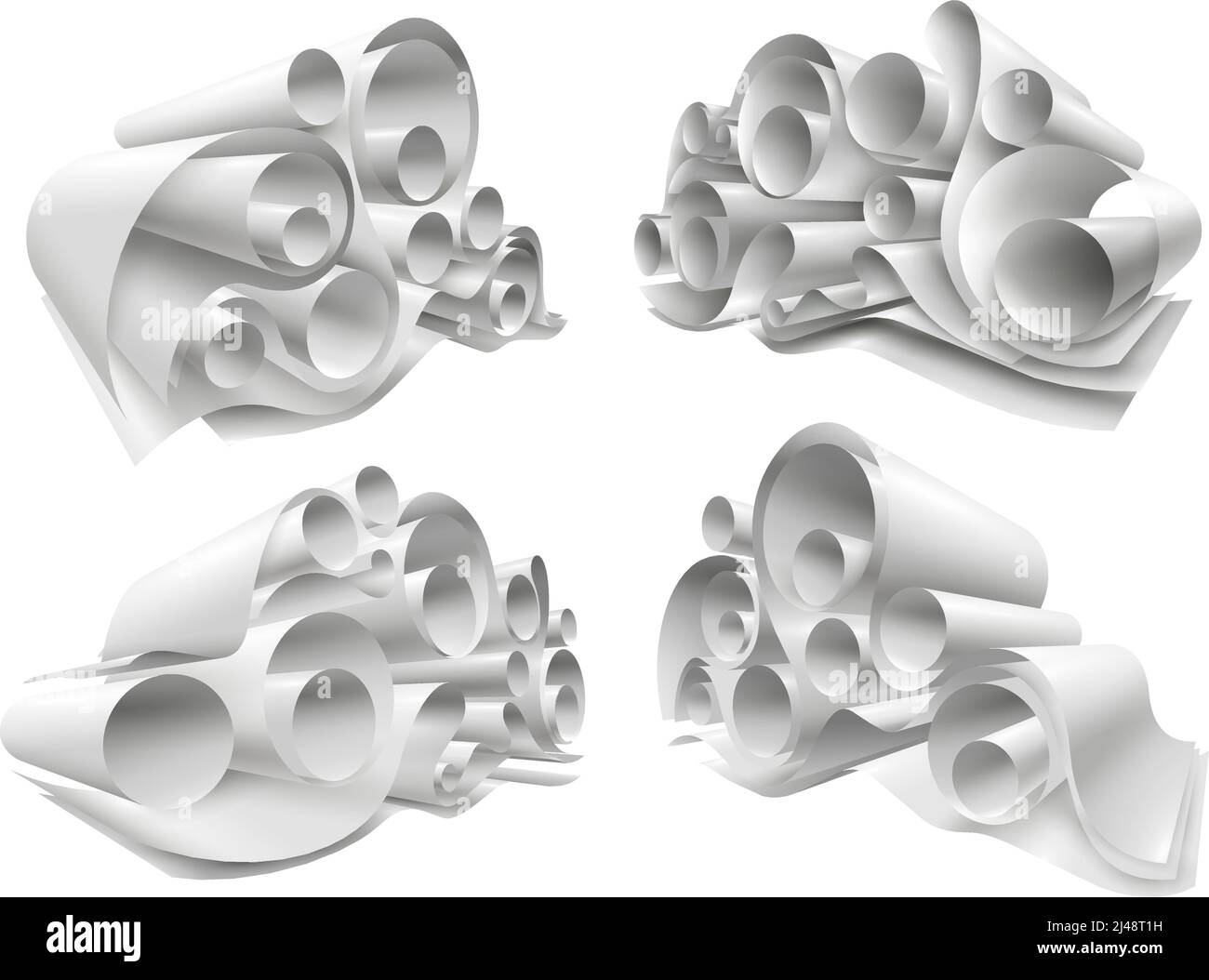 Set of paper rolls from white empty sheets folded in twisted structure ...
