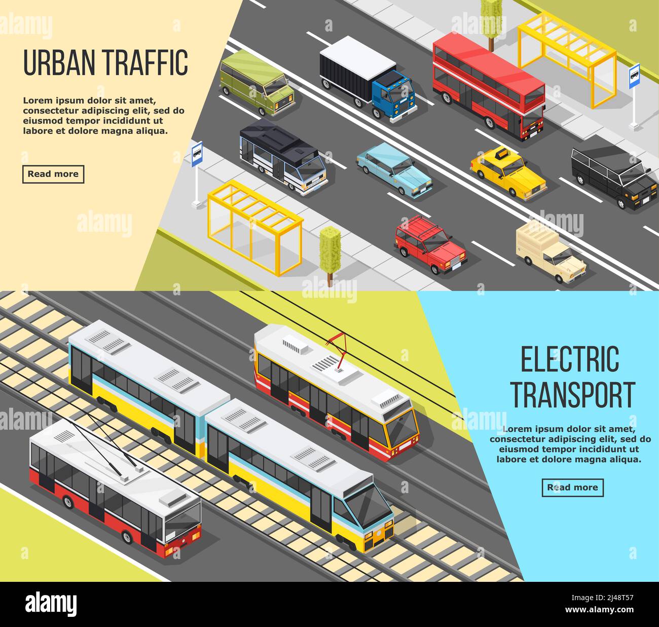 Set of two horizontal transport banners with isometric images of ...