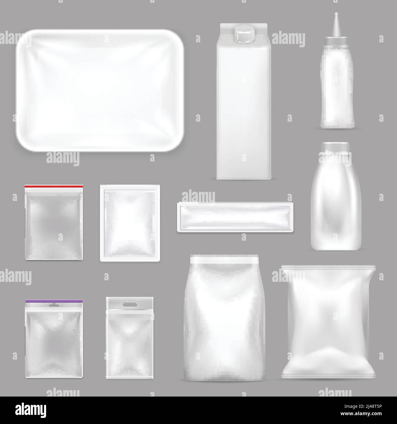 Colored blank food packaging realistic icon set with zip lock bags in ...
