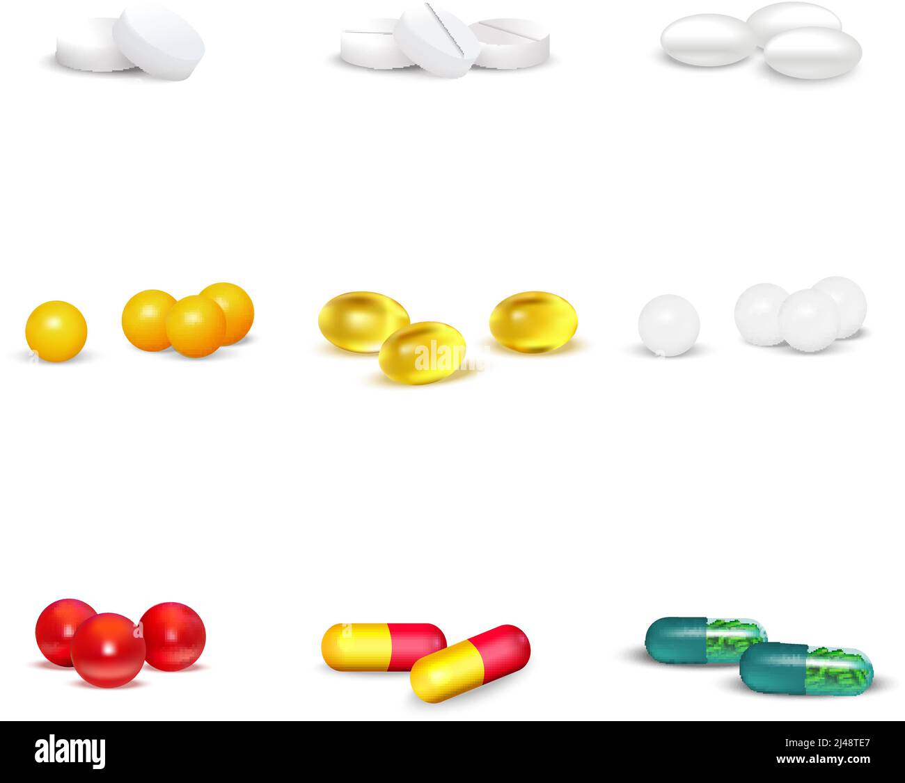 3D set of pills and capsules of various shapes and colors on white ...