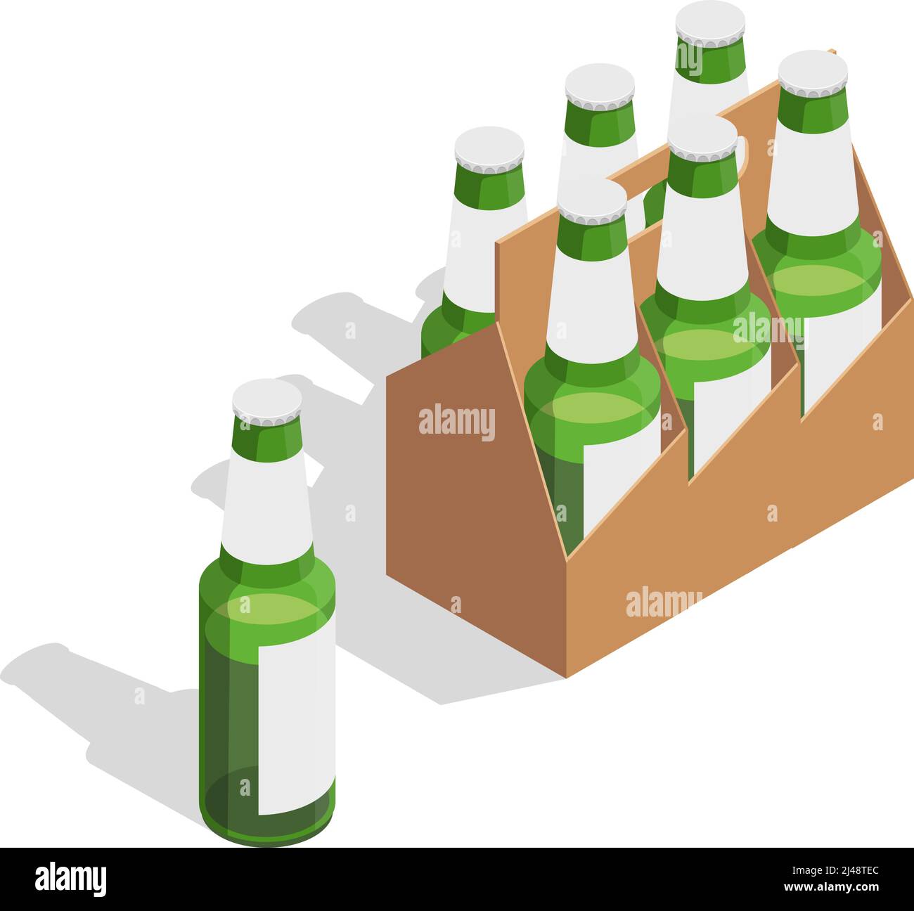 Isolated beer pack isometric composition with seven green glass bottles ...