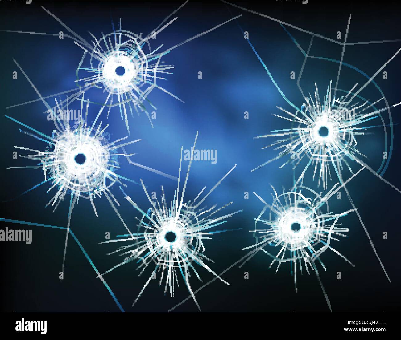 Bullet holes in glass with white cracks and scratches on textured dark ...