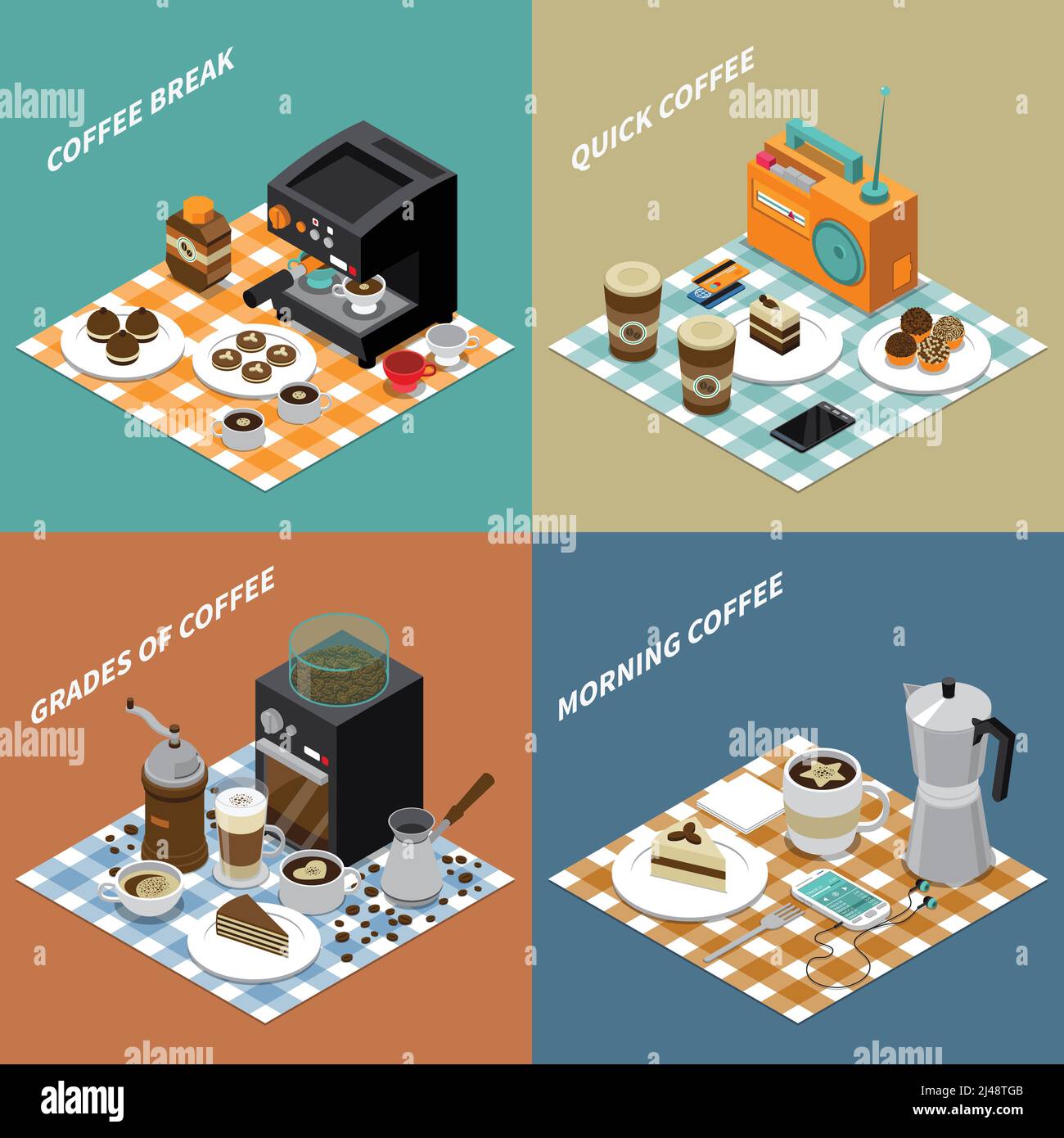 Isometric design concept with grains drinks and sweets coffee maker ...