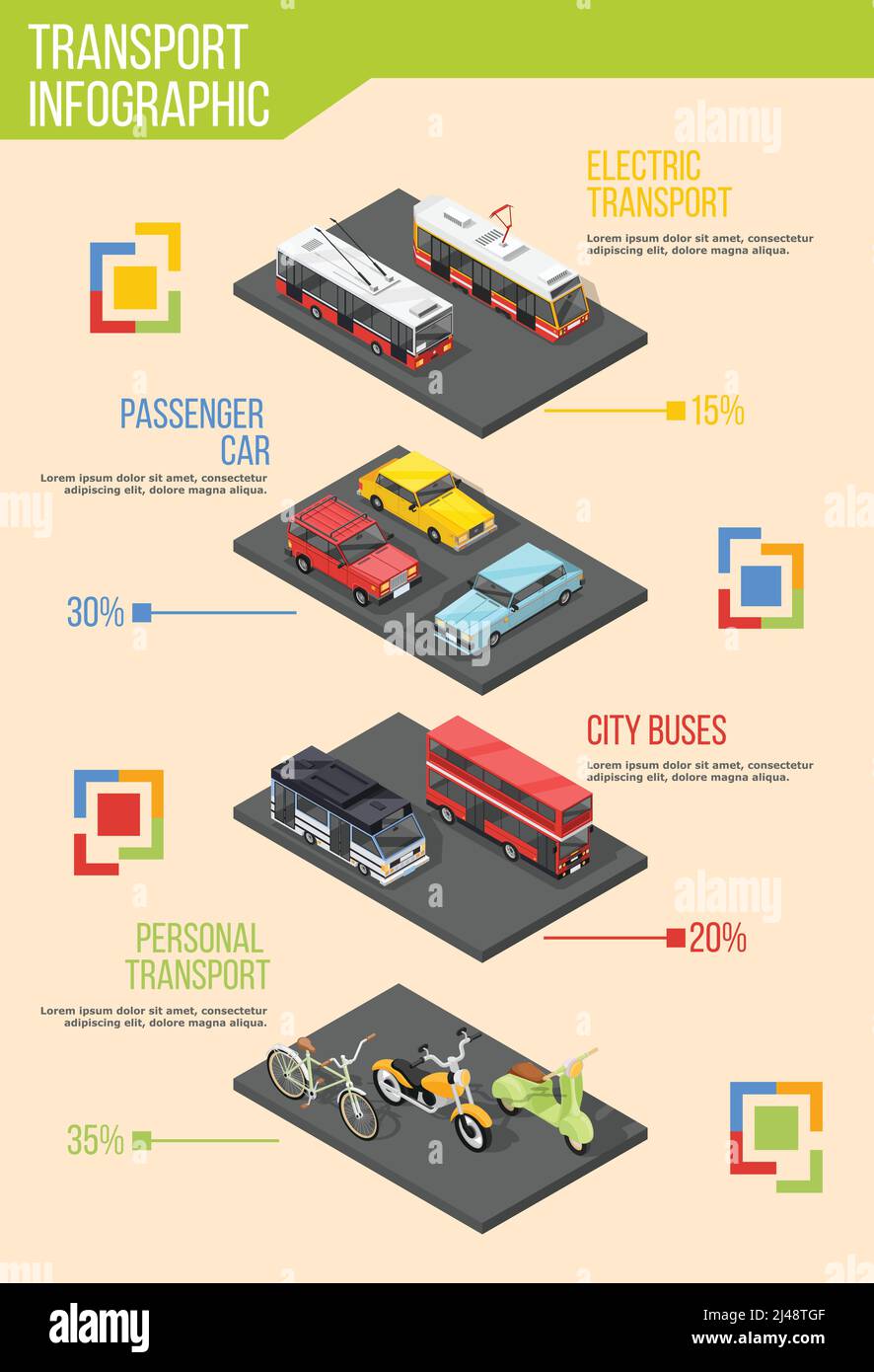 Transport infographics with isometric images of different ...