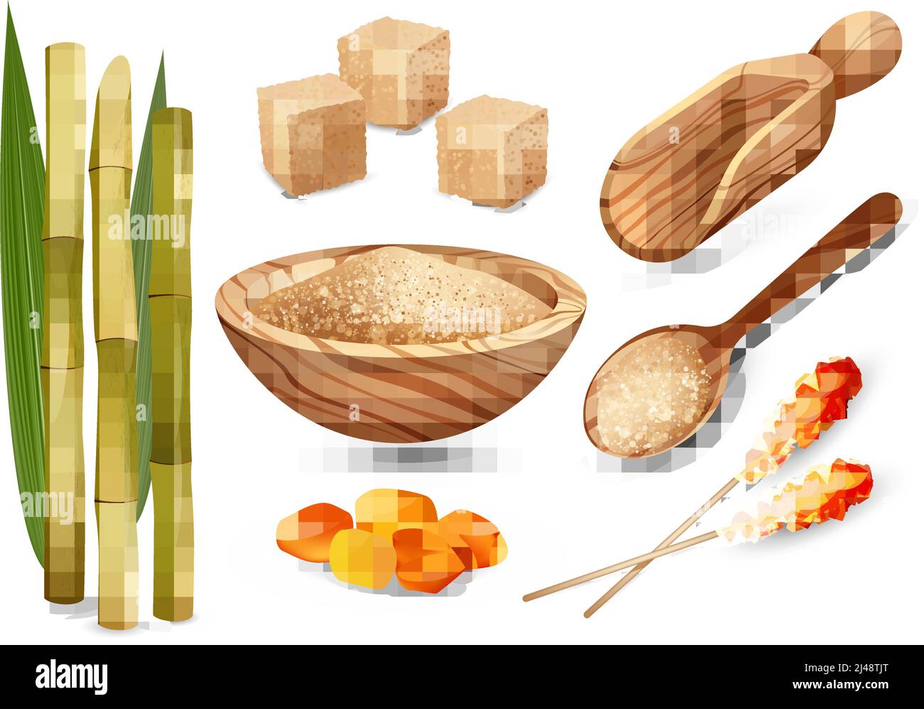Cane sugar set with isolated images of sand sugar in wooden plate spoon ...