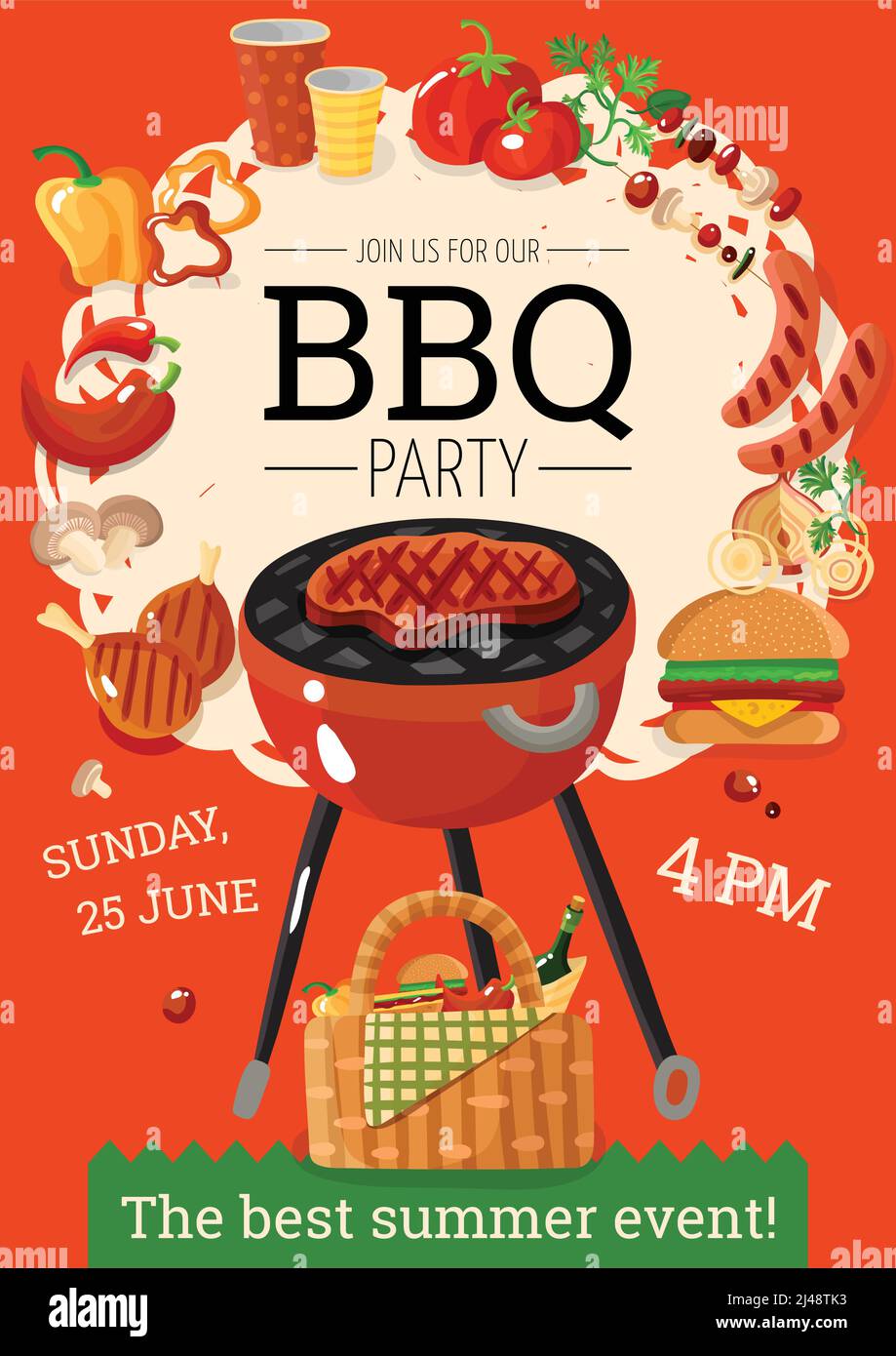 Summer bbq party announcement poster with grill basket barbecue ...