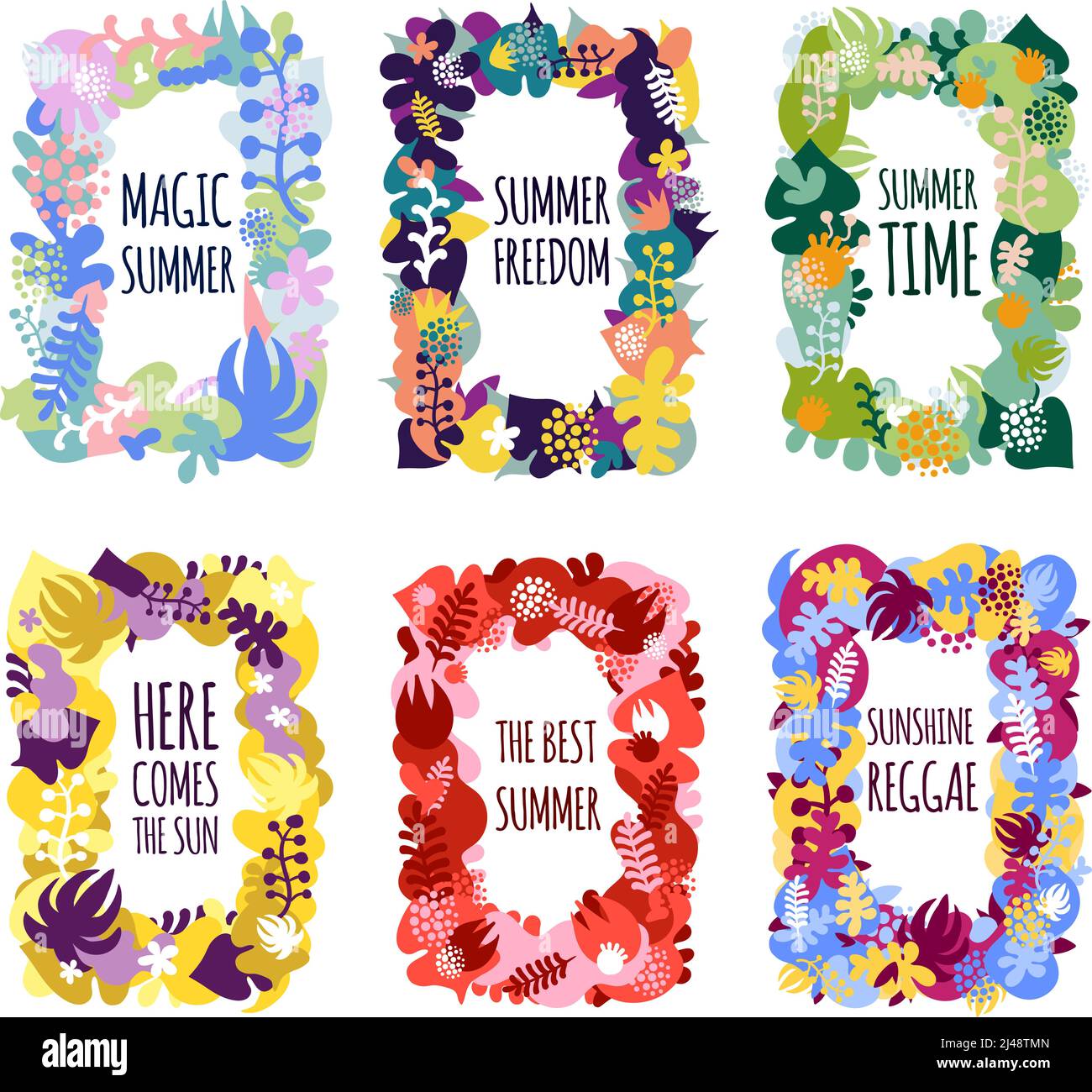 Bright floral summer frames set decorated with colorful flowers leaves ...