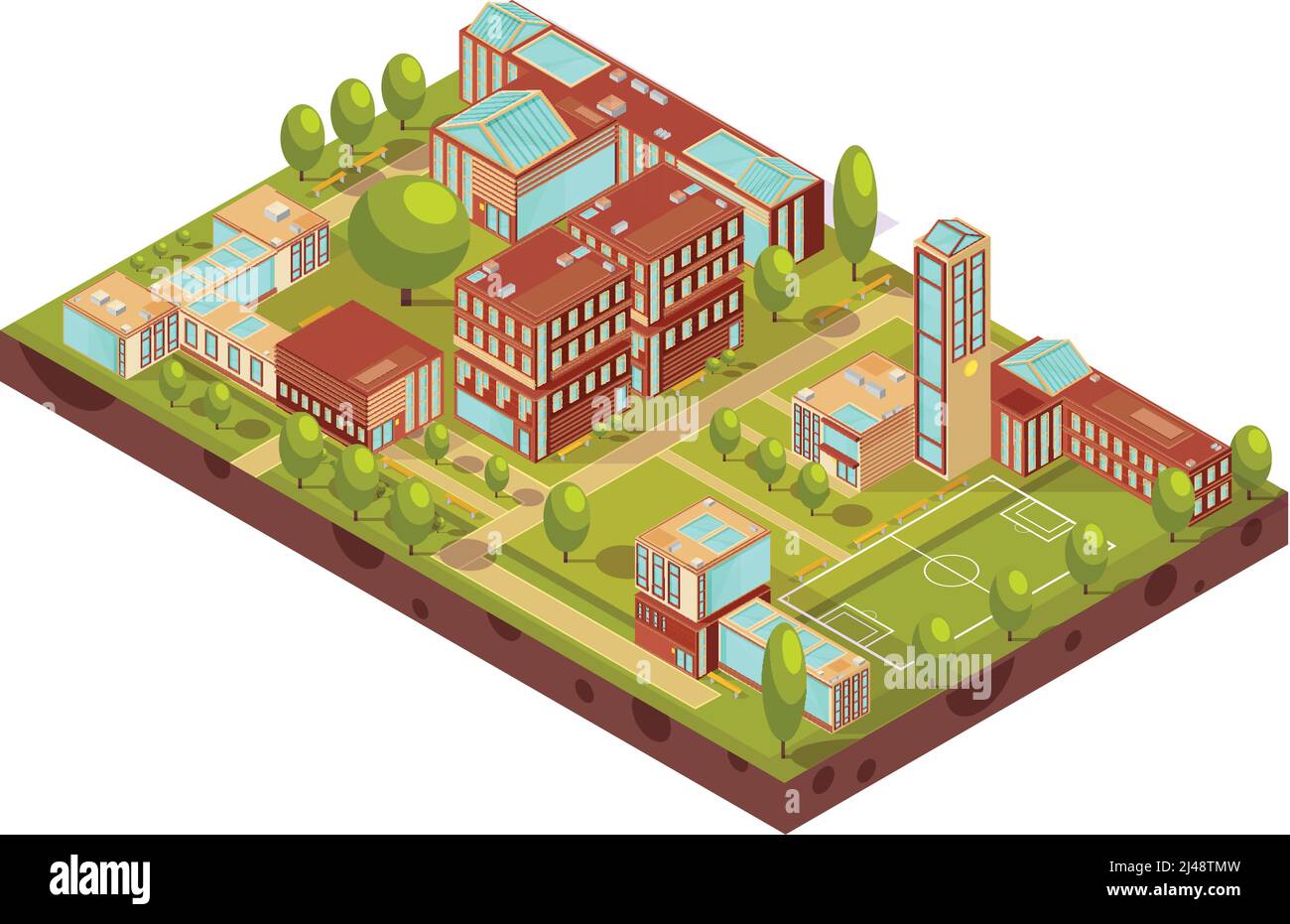 Complex of modern university buildings isometric layout with football ...