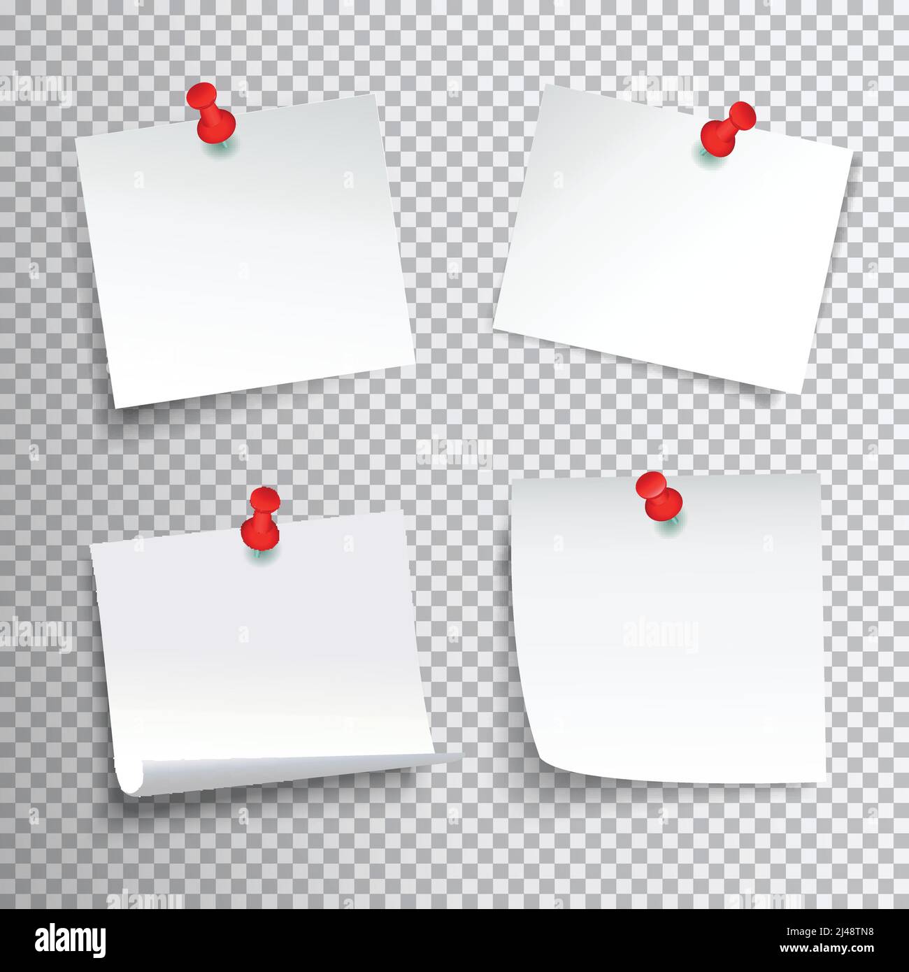 Blank white paper set pinned with red pushpins on transparent ...
