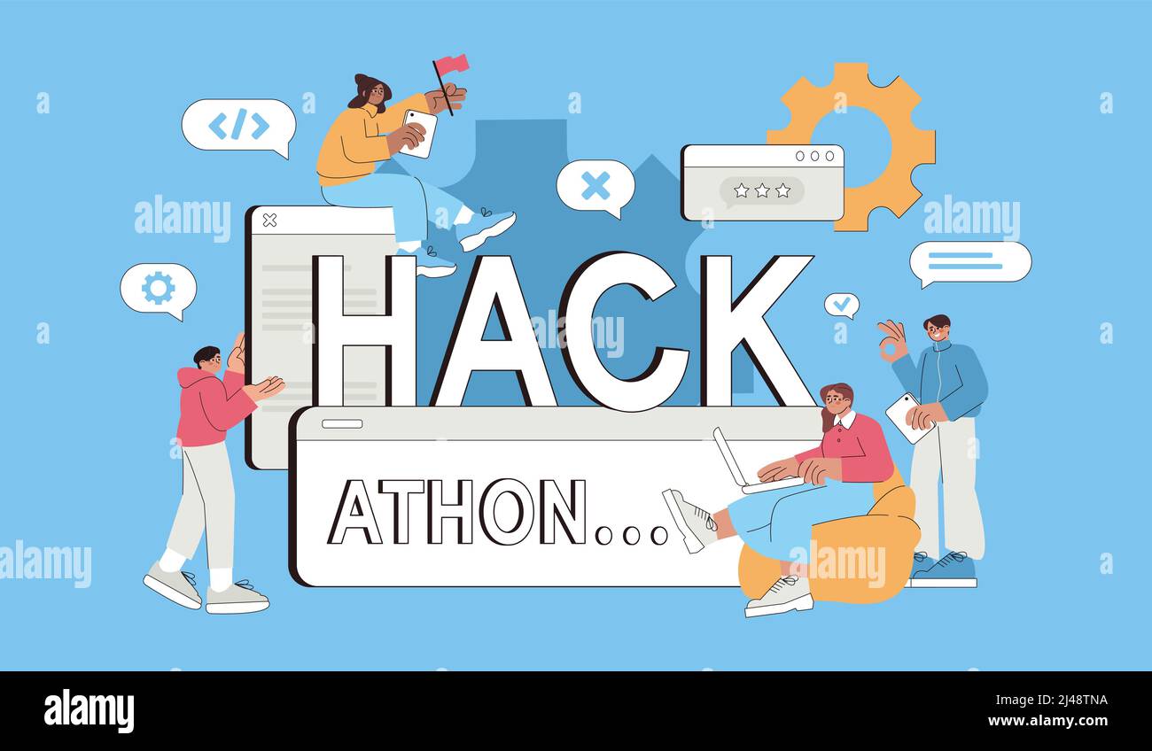 Hackathon flat vector illustration. Business people team of programmers, web developers, project ...