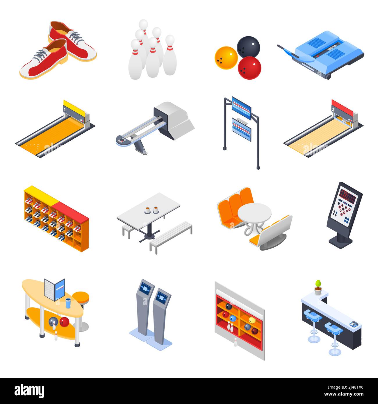 Bowling isometric icons with game equipment, cafe tables, shelves for ...
