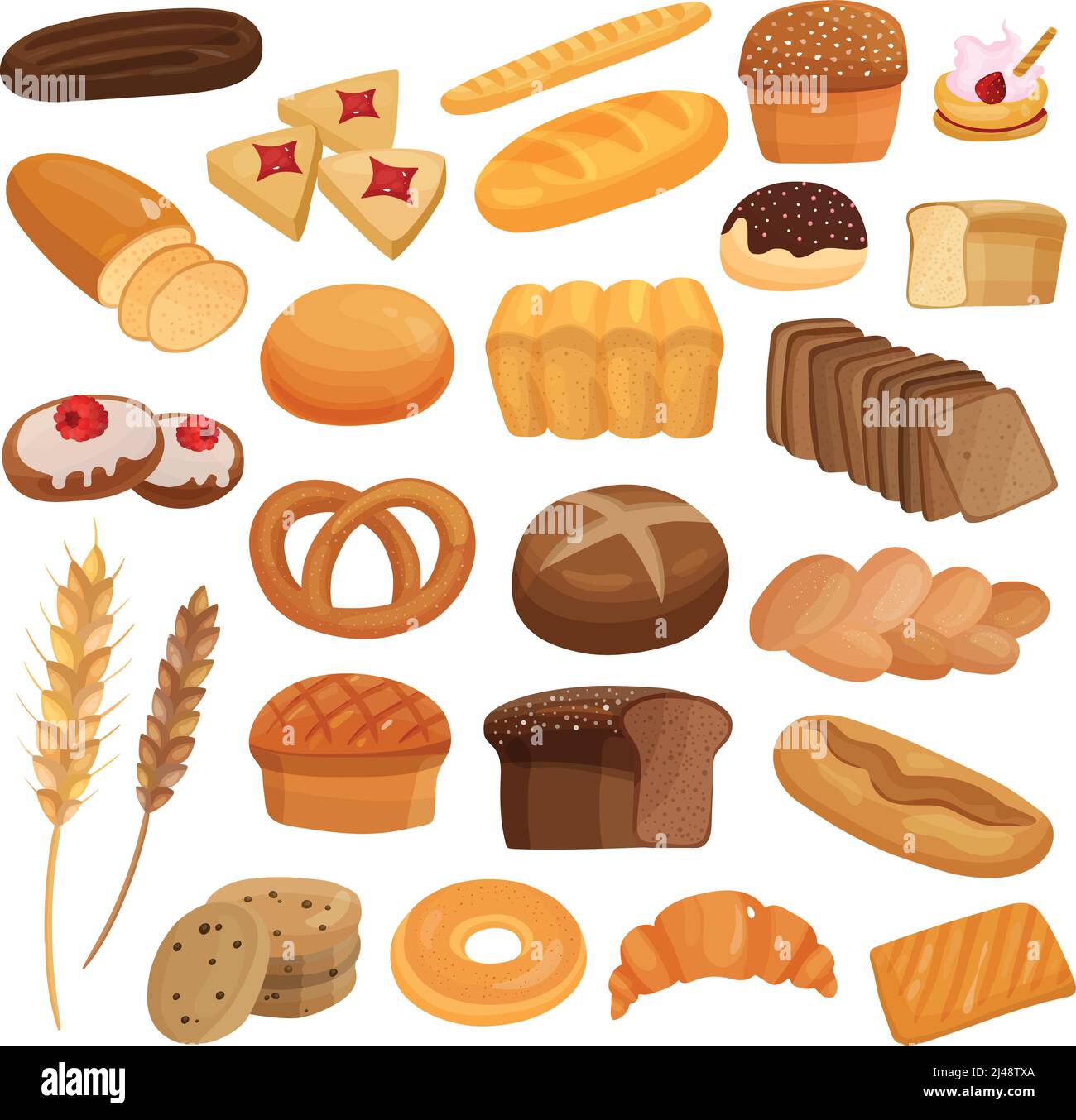 Set of bakery products including wheat and rye bread, spikes, glazed ...