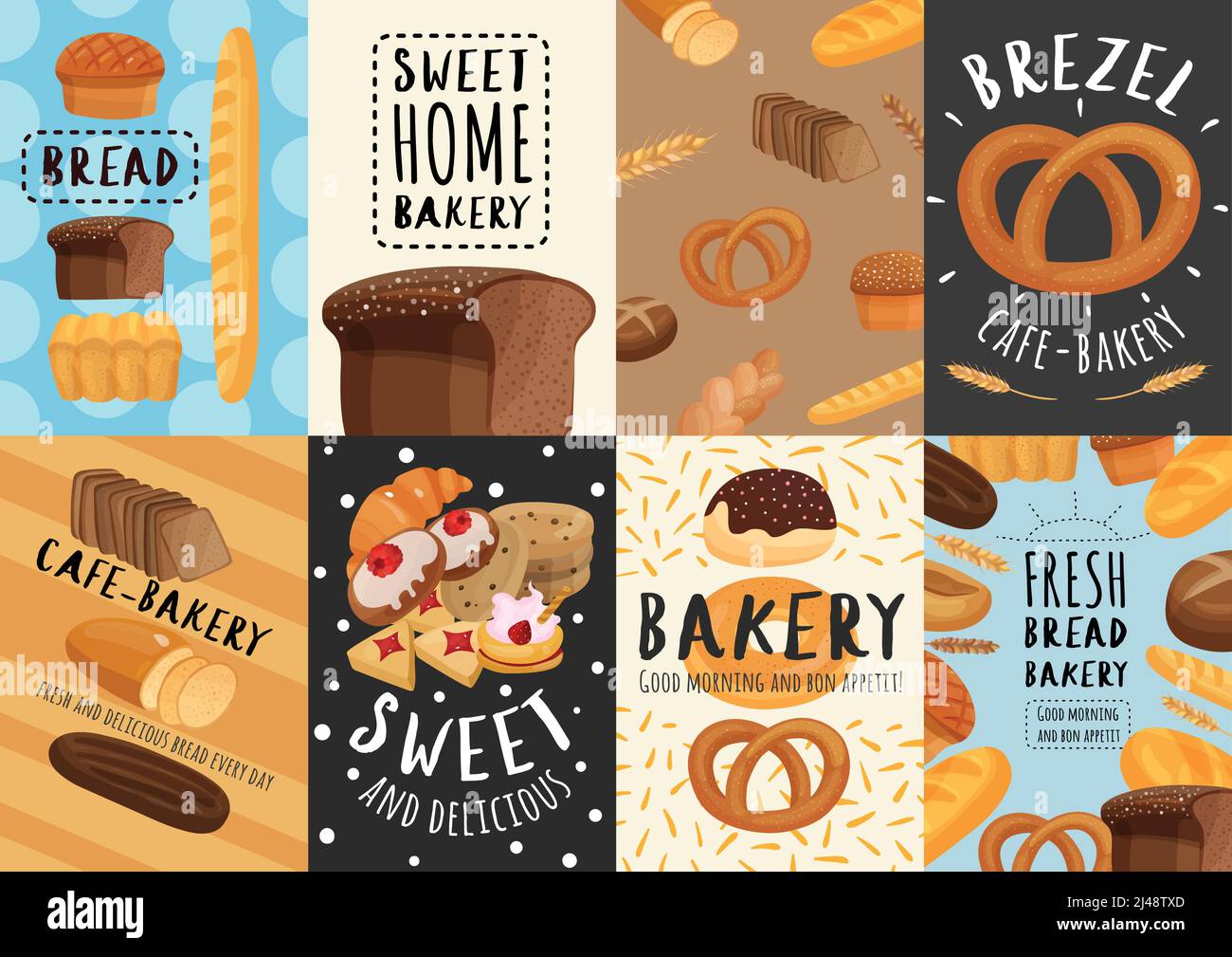 Bakery set of posters and banners with bread and pastry, cereal ears ...