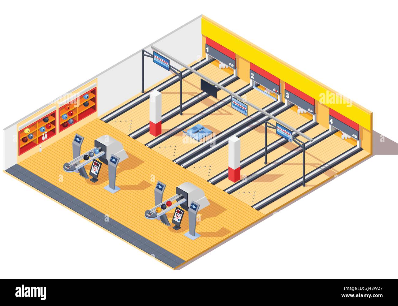 Bowling club isometric interior design with gaming tracks, return ...