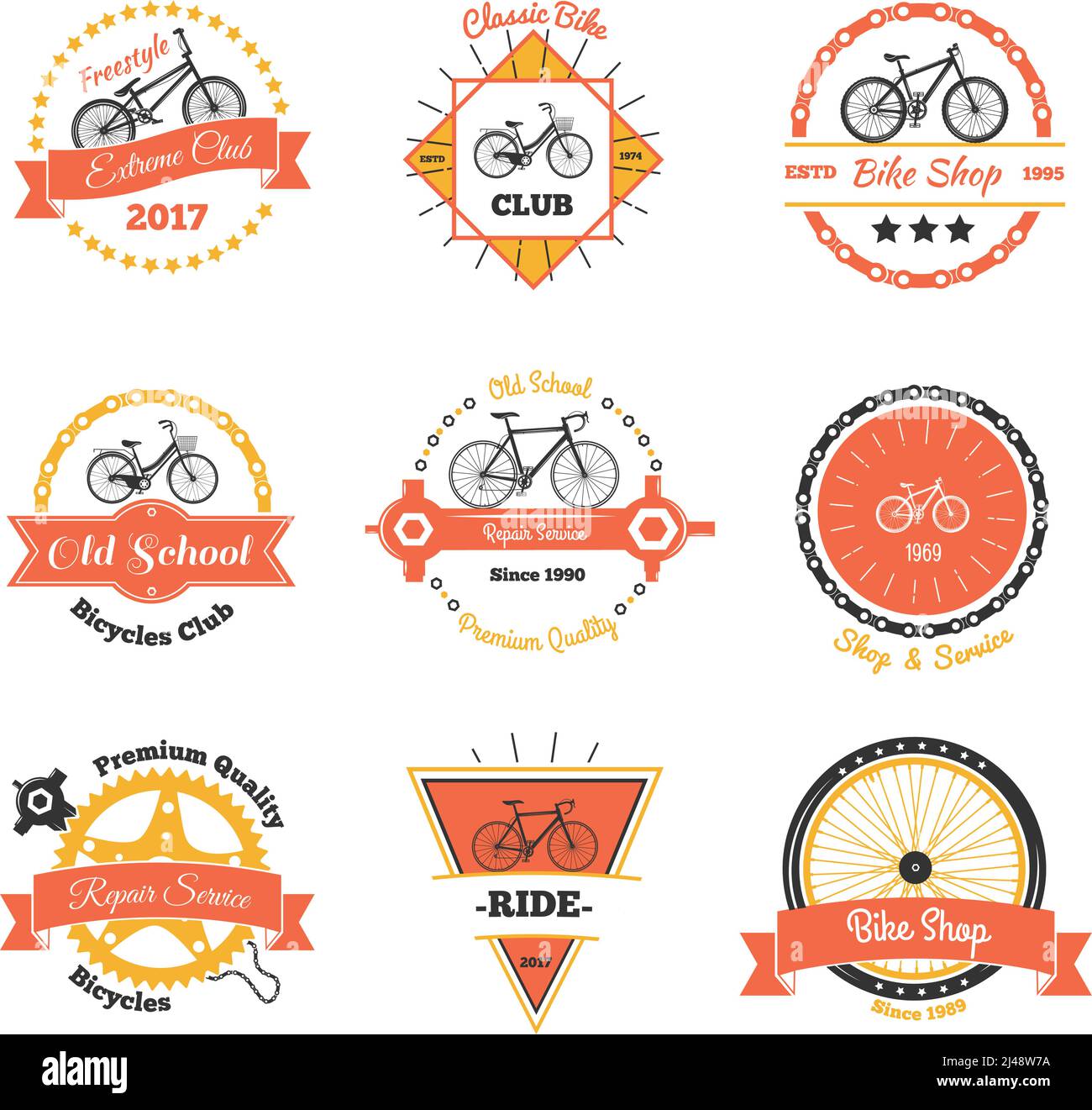 Bicycle vintage emblems color collection of nine isolated decorative ...