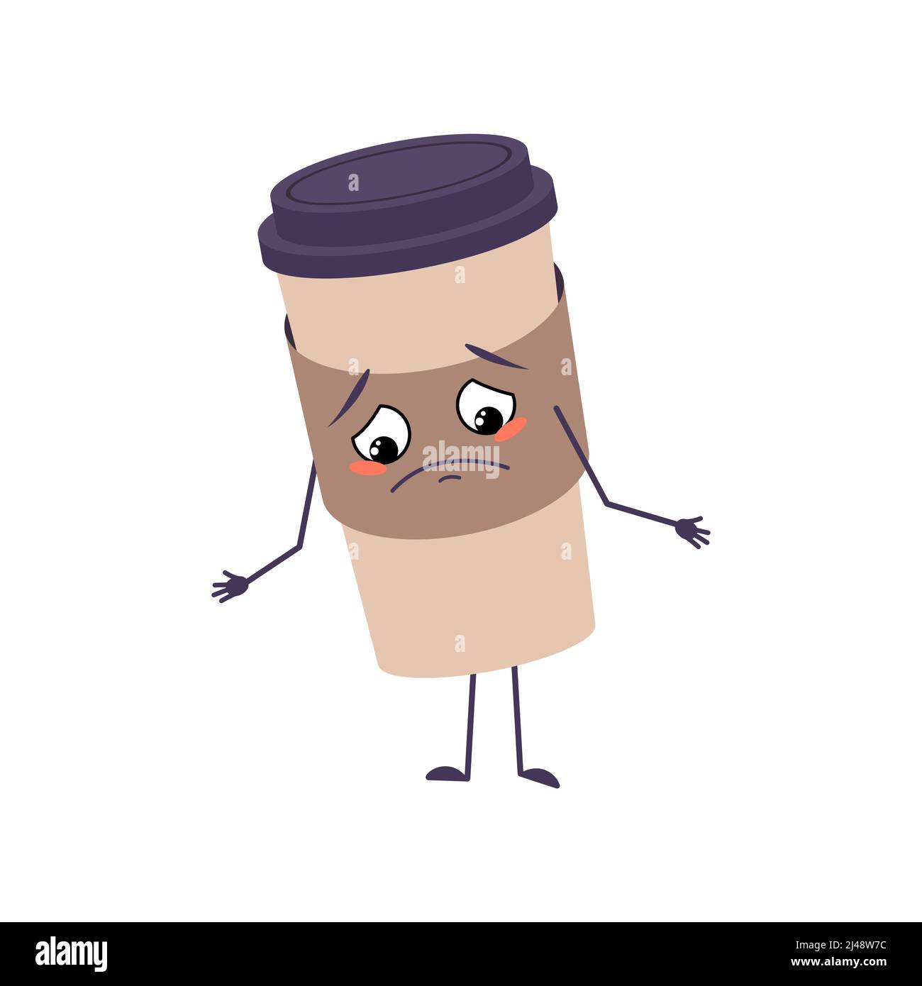 Cute cup of coffee character with sad emotions, downcast eyes ...