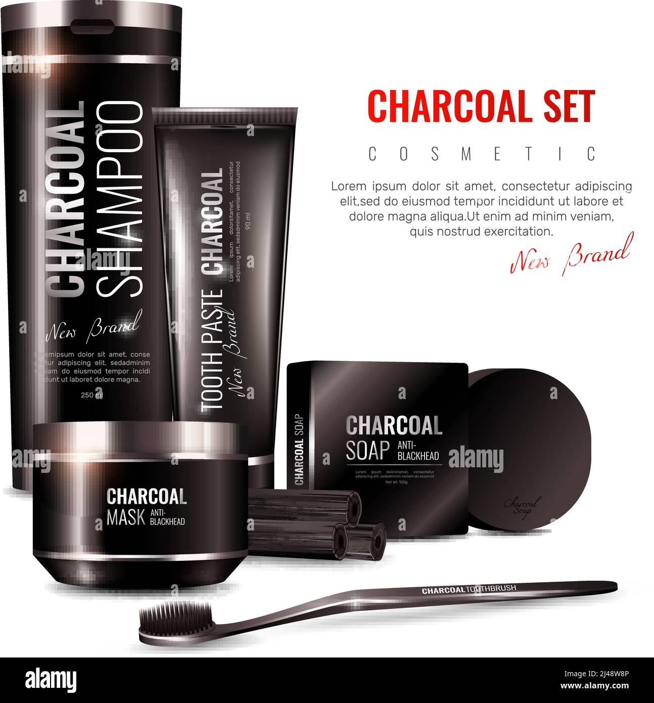 Charcoal cosmetics in black packaging including toothpaste, mask ...