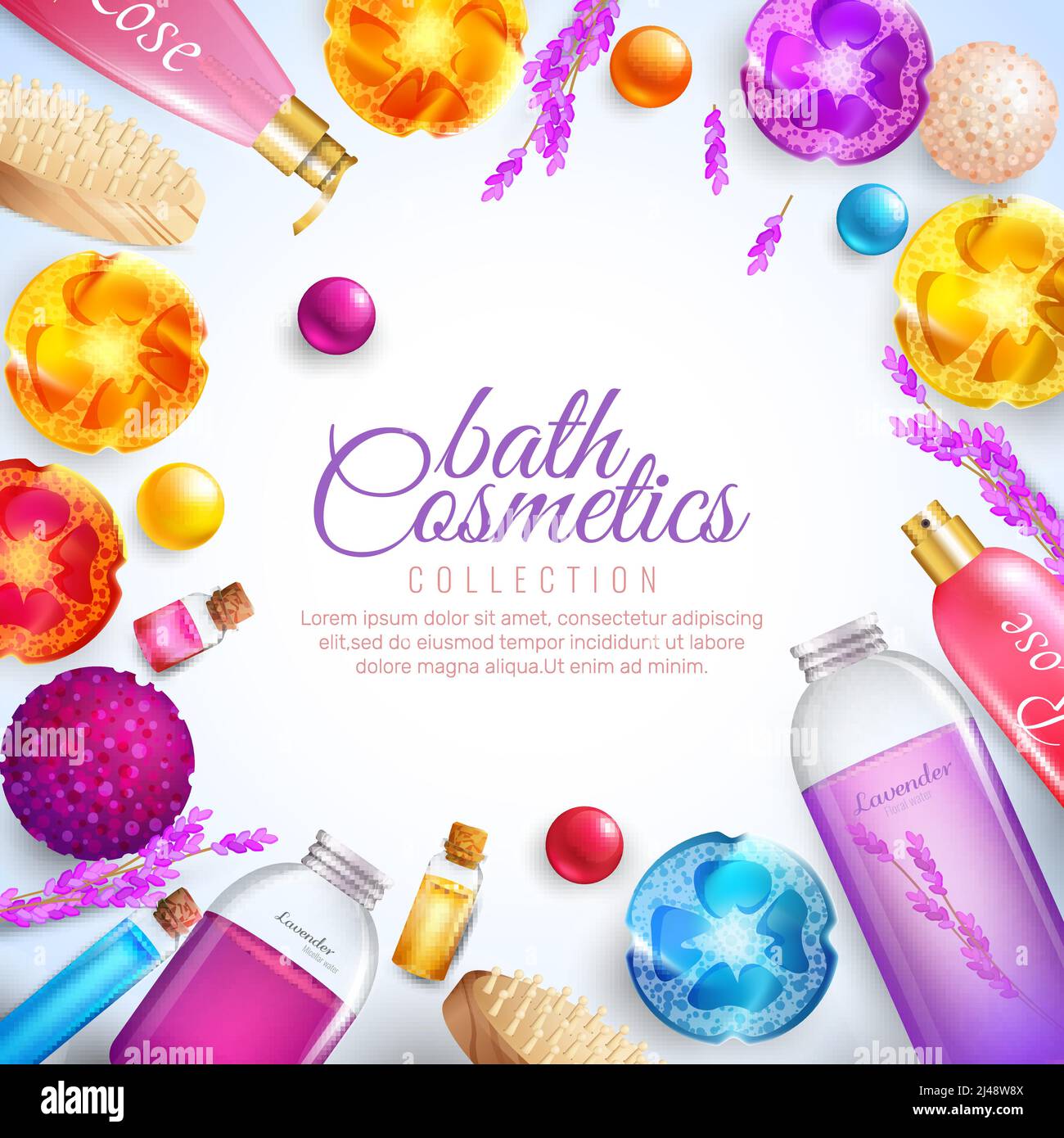 Bath cosmetics concept with soap shampoo and foam cartoon vector ...