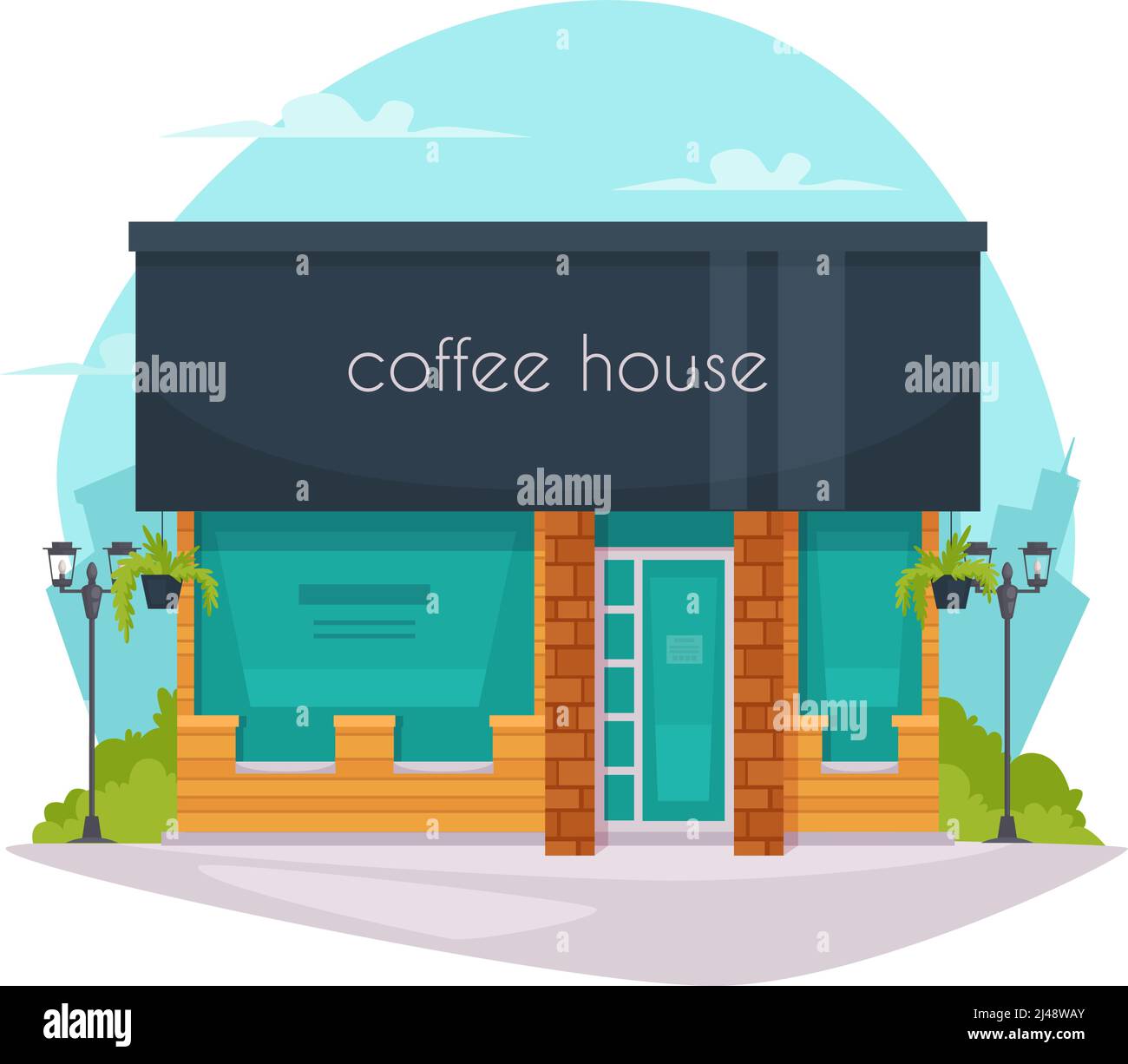 Coffeehouse coffee shop cafe street view flat poster with black roof ...