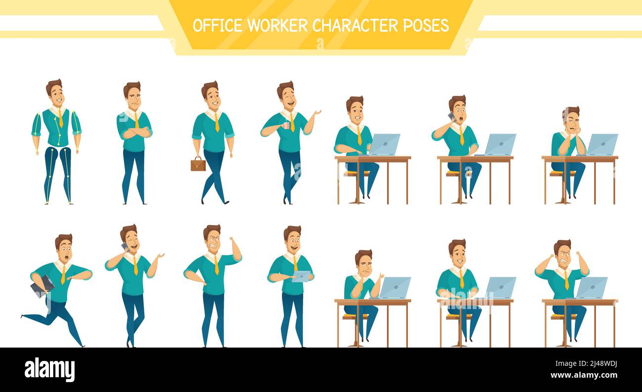 Male office worker poses sitting at computer standing with tablet ...