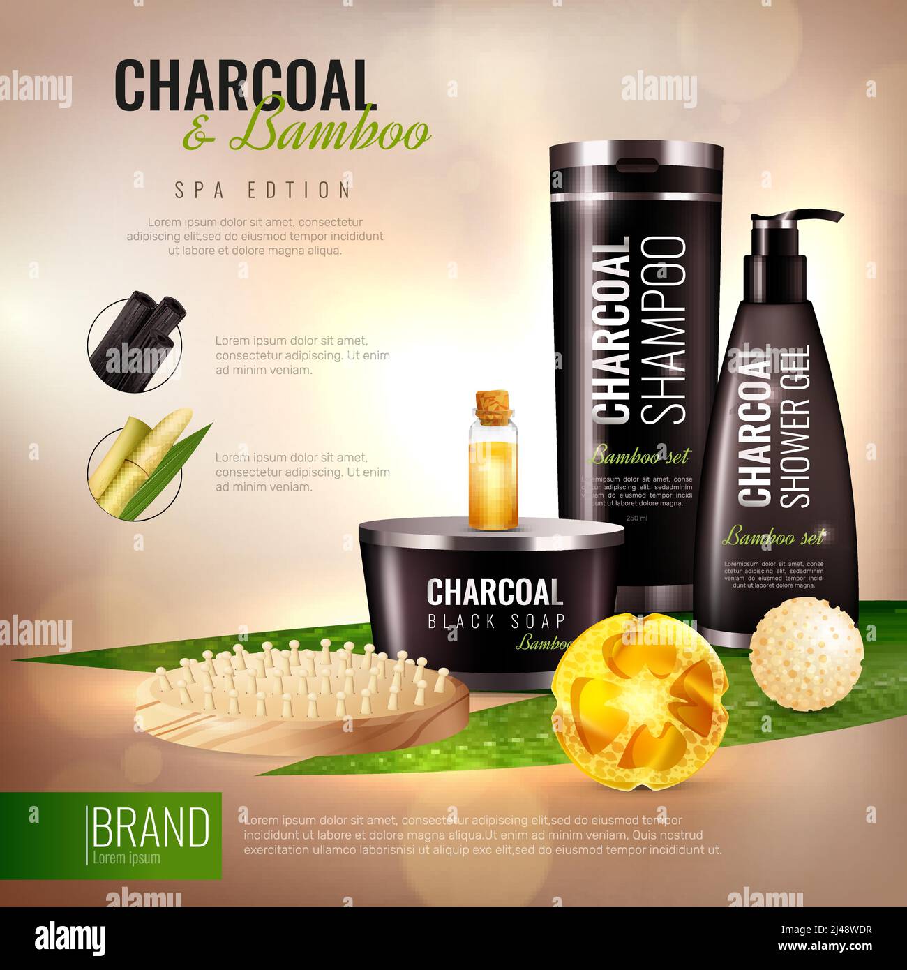 Handmade body cosmetics with charcoal and bamboo, wooden massage brush ...