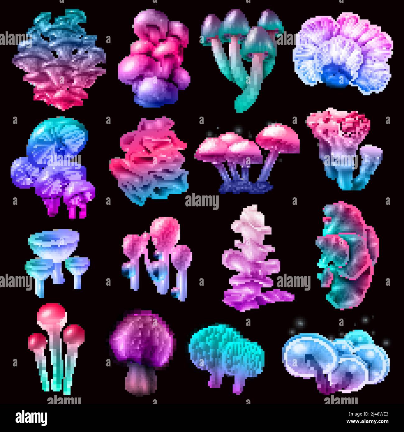 Colorful magic mushrooms of different shape with sparkles, bubbles ...